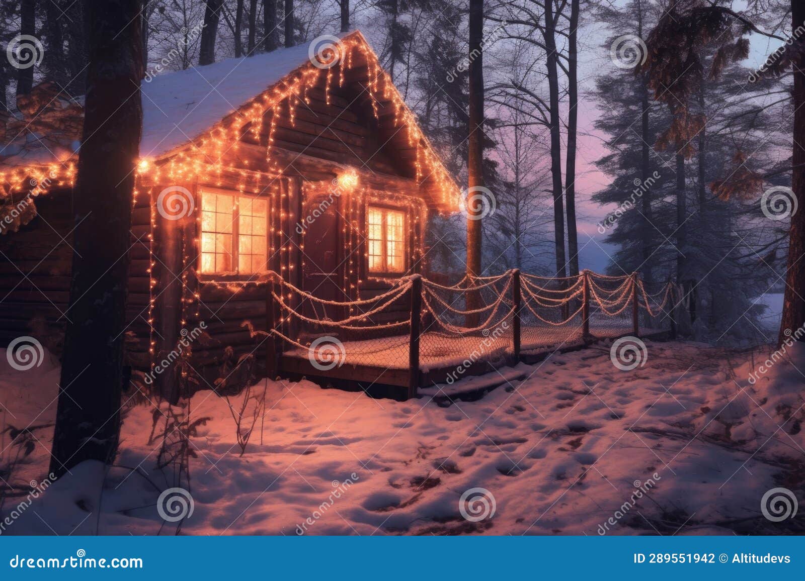Winter Cabin Illuminated by String Lights at Night Stock Photo - Image ...