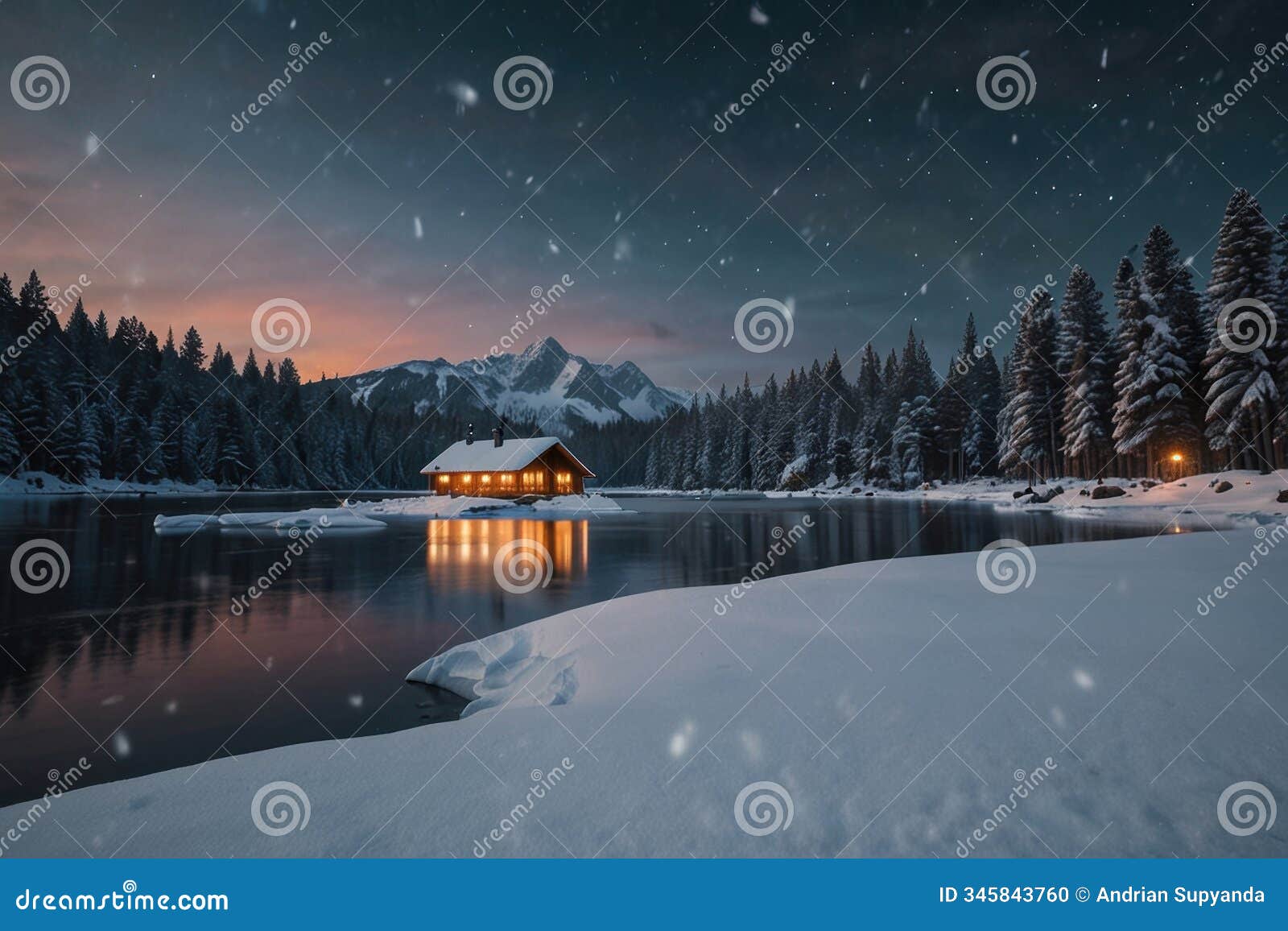 Winter Cabin on a Snowy Lake at Night Stock Illustration - Illustration ...