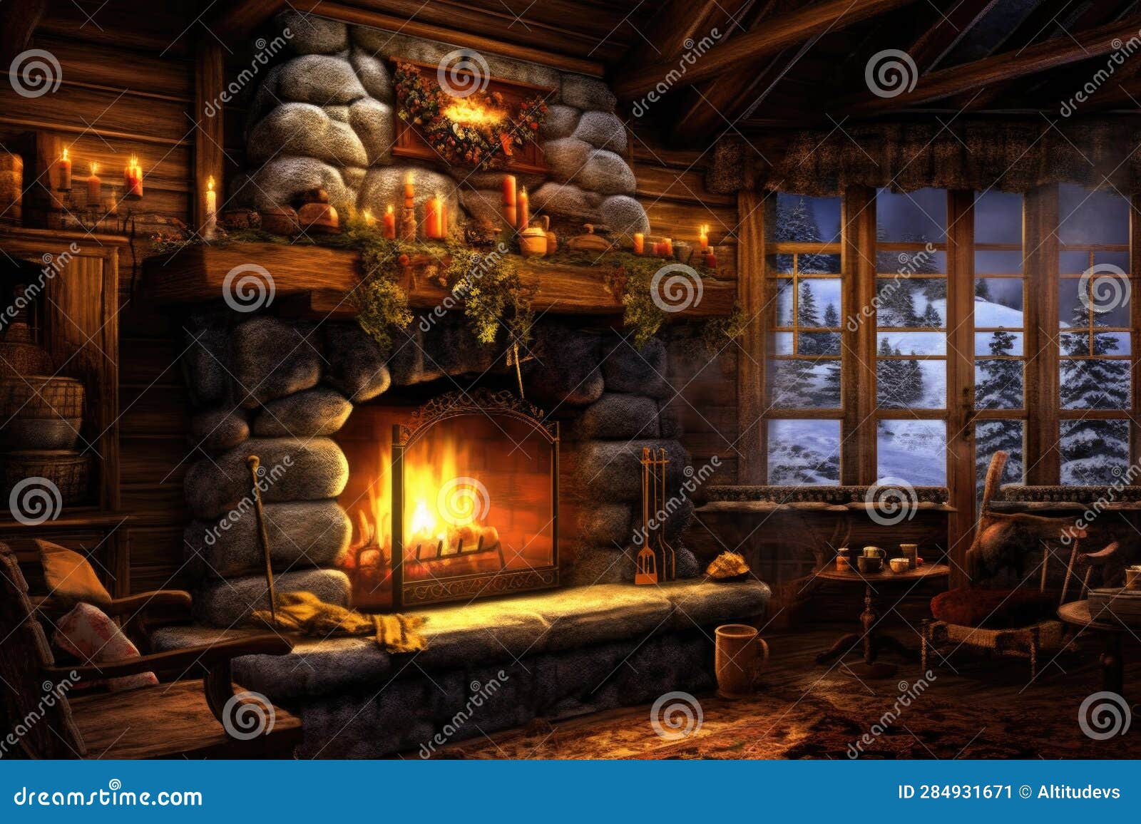 Winter Cabins Fireplace with Roaring Fire Stock Image - Image of ...