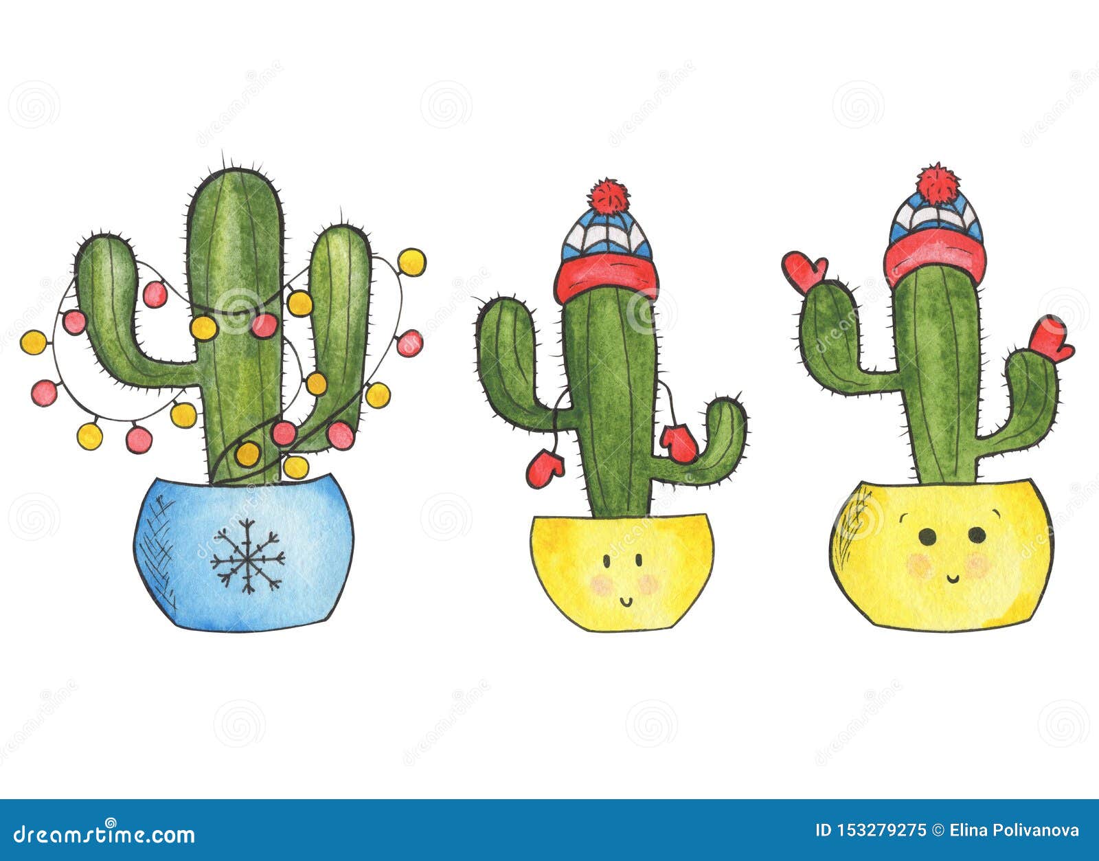Watercolor Christmas Winter Cactuses2 Stock Illustration - Illustration ...