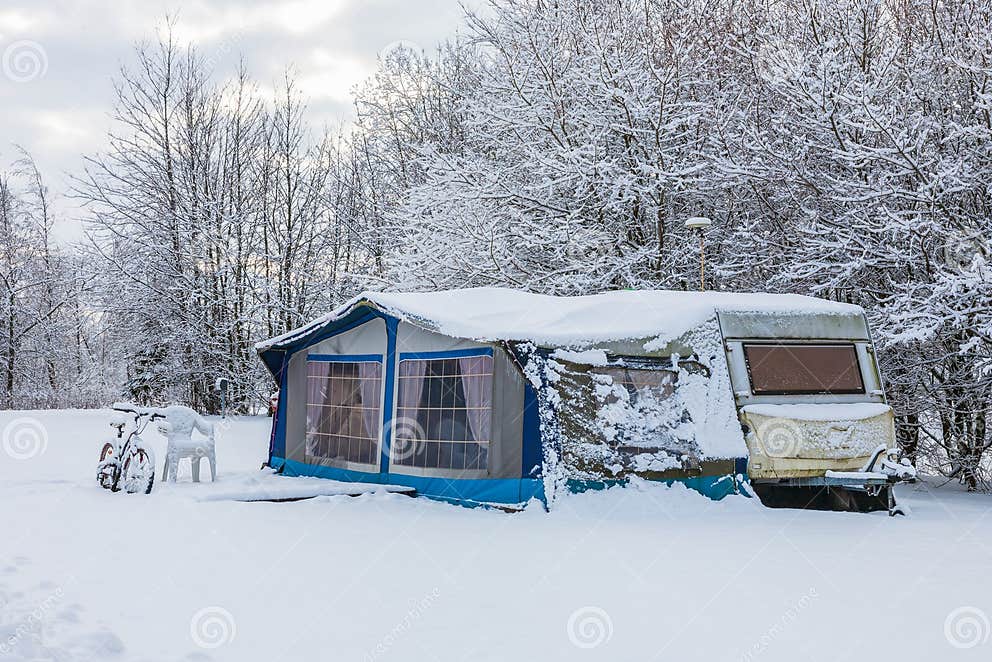 Winter Camping with a Caravan and Tent Stock Photo - Image of frost ...