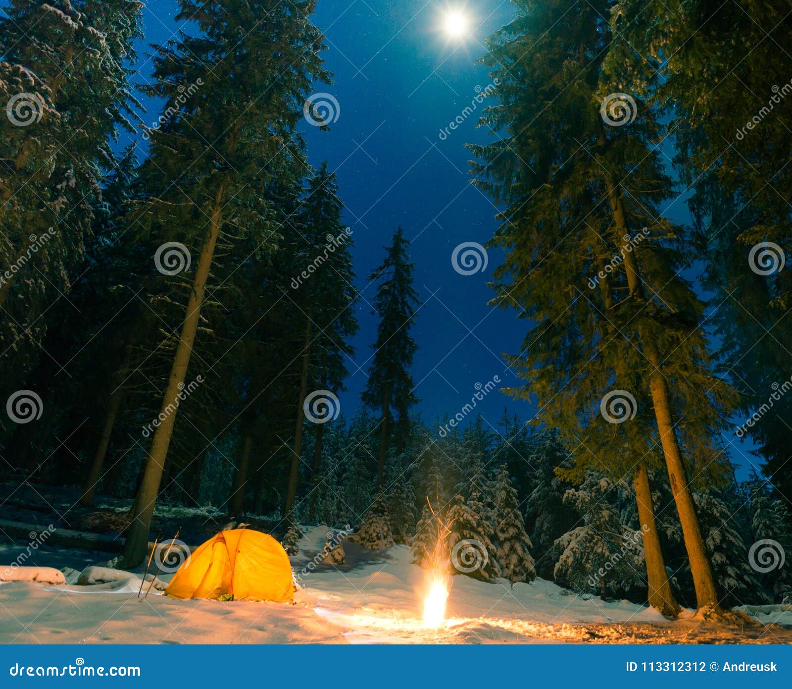 Camping with fire at night stock photo. Image of travel - 113312312