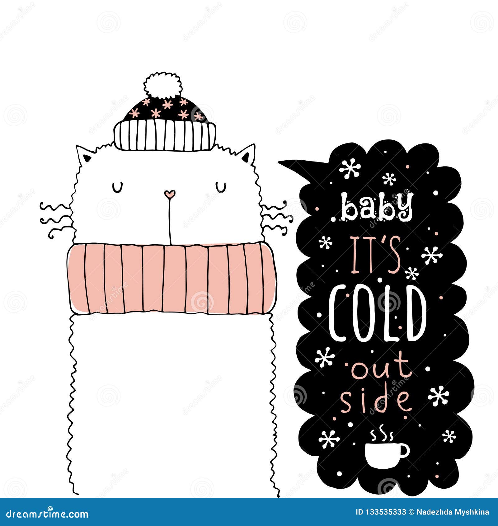 Winter Card with Doodle Cat. Its Cold Outside Lettering Vector ...