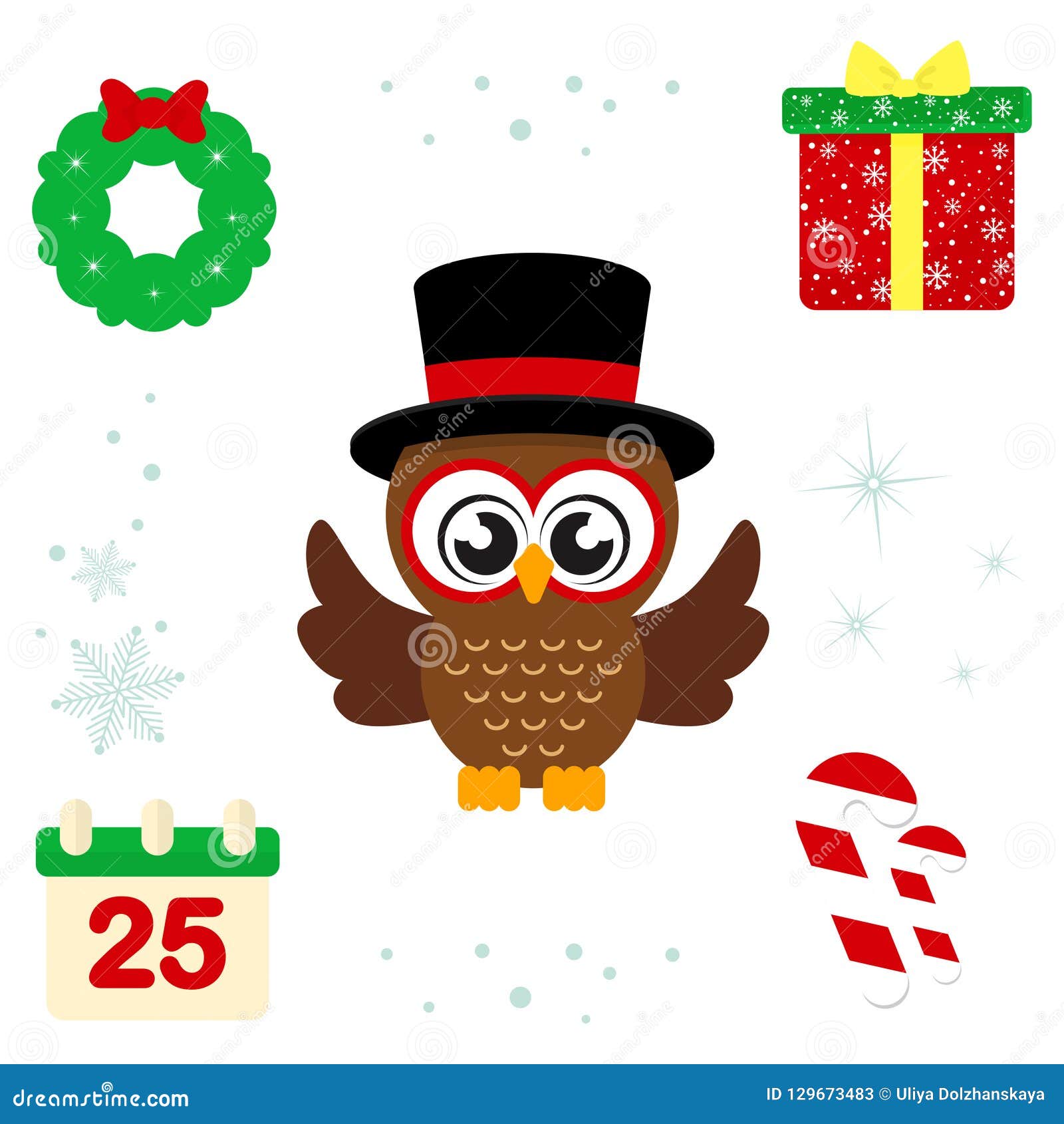 Winter Cartoon Cute Owl in Hat with Christmas Elements Illustration ...