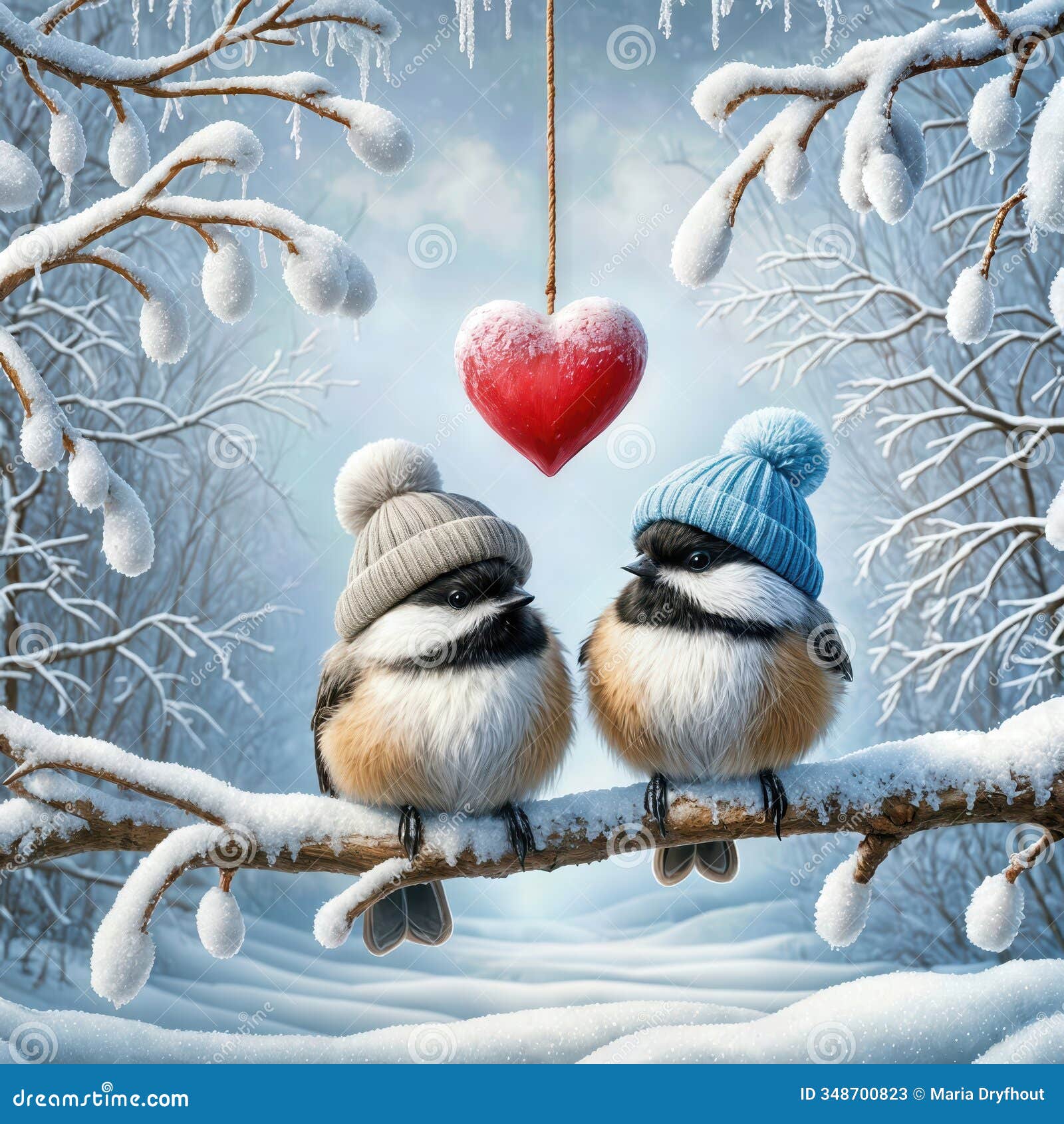 Winter Chickadees with Hanging Red Heart Stock Illustration ...