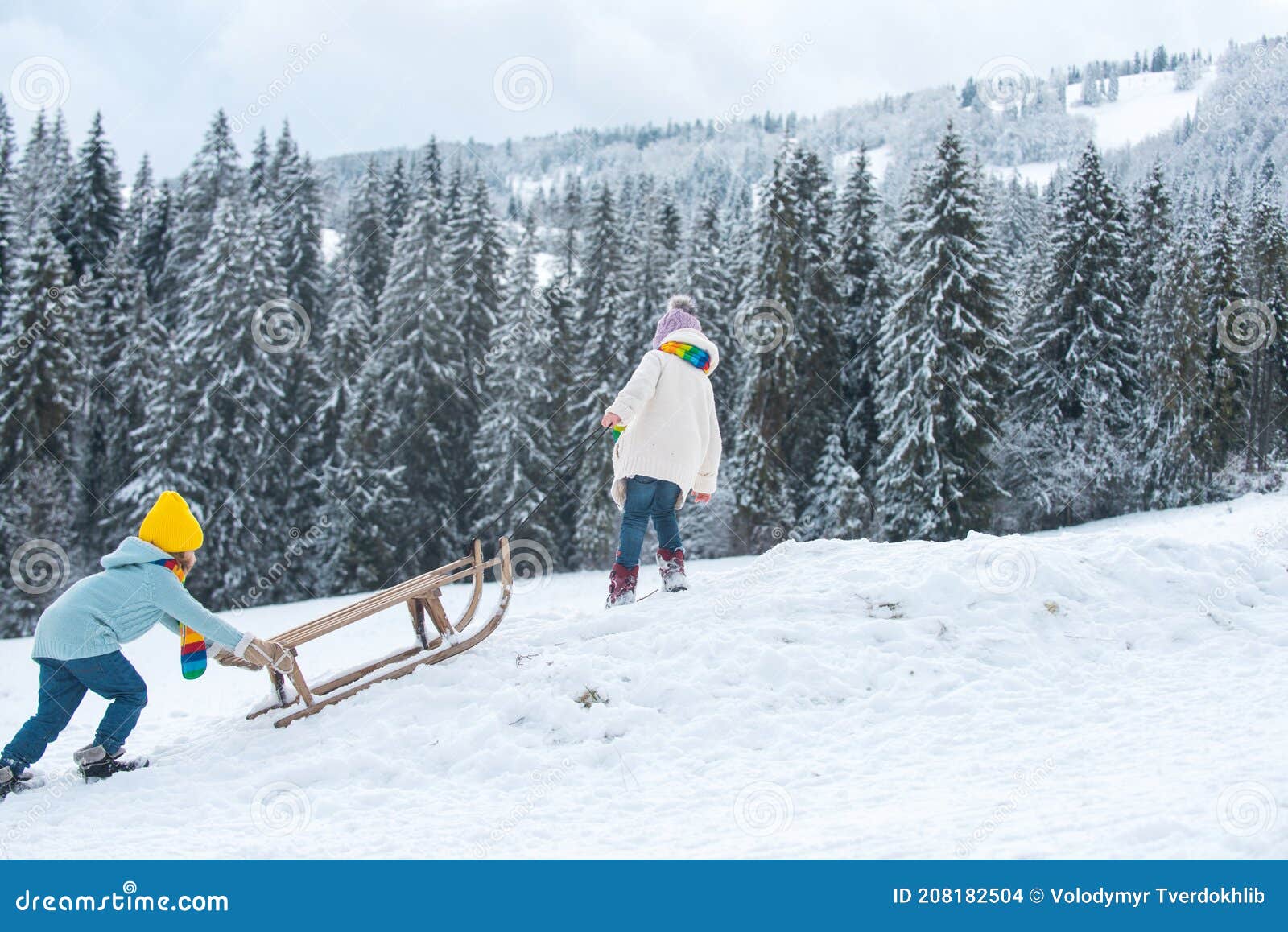 Winter Children Sliding on a Sled in Snow. Stock Photo - Image of frost ...