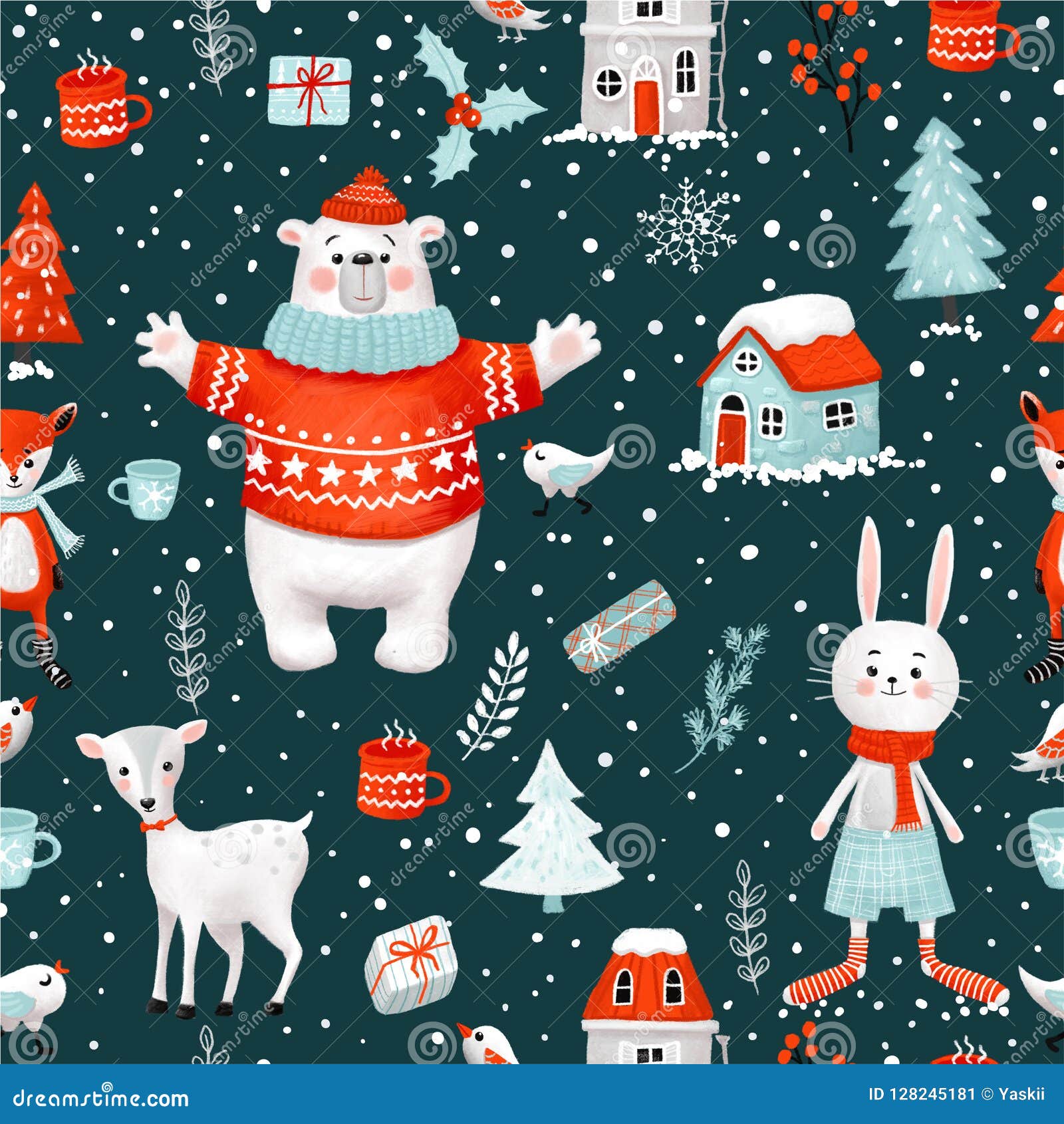 Winter Christmas Holiday Hand-drawn Raster Seamless Pattern. Clipping ...