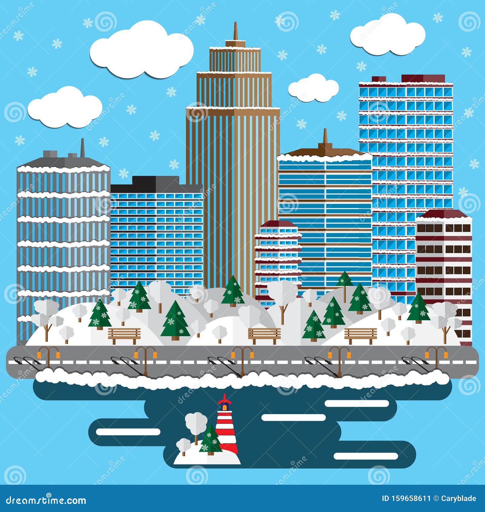 Winter city. stock vector. Illustration of outdoor, beacon - 159658611