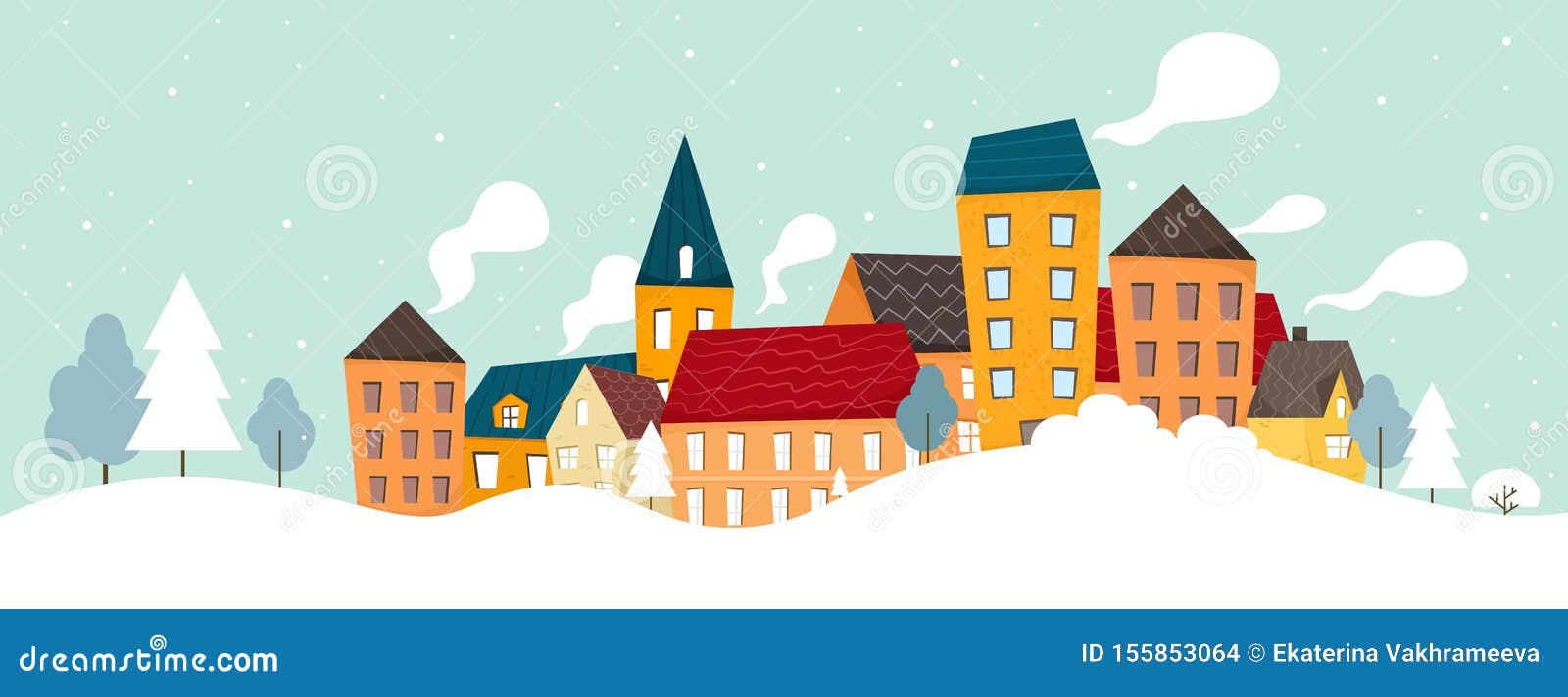 Winter and Snowy City Background. Vector Illustration in Cartoon Flat ...