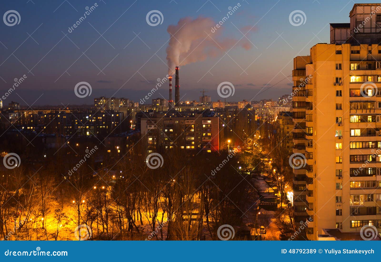 Winter cityscape stock image. Image of night, pipe, town - 48792389
