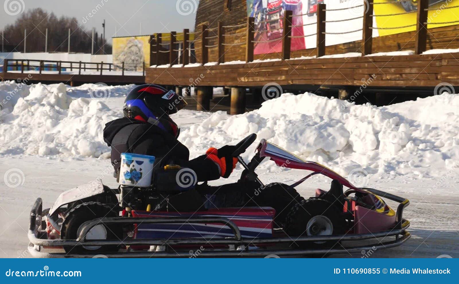 Winter Competitions of Kart Racing on the Ice of Road. Go Kart in ...