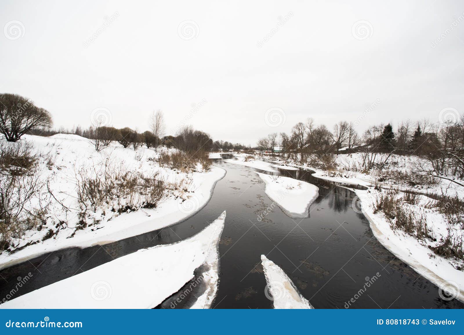 Winter Daytime Landscape with River, Snow, Sky and Trees Stock Image ...
