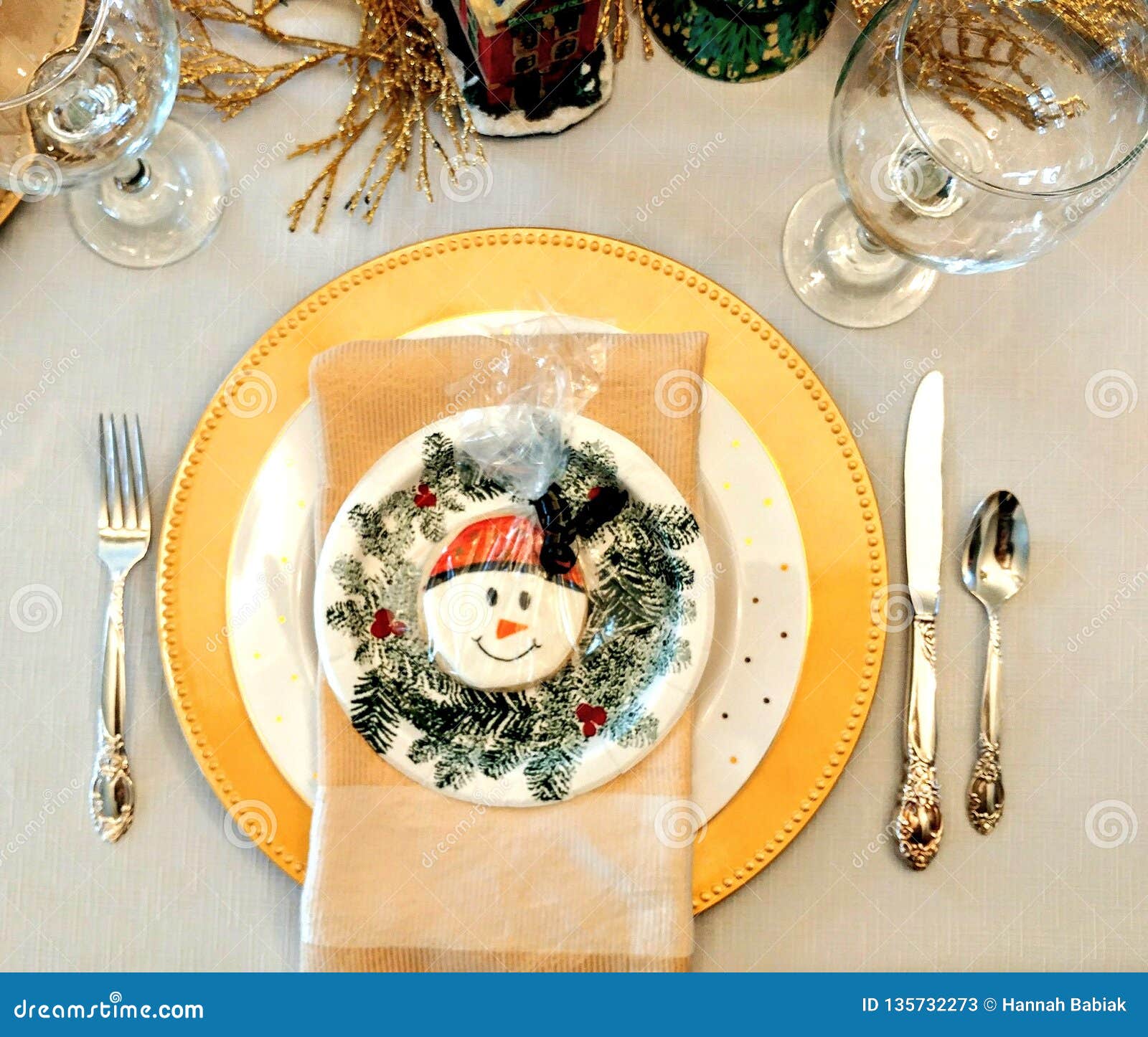 Winter Dinner Table Setting with Snowman Stock Image - Image of wine ...