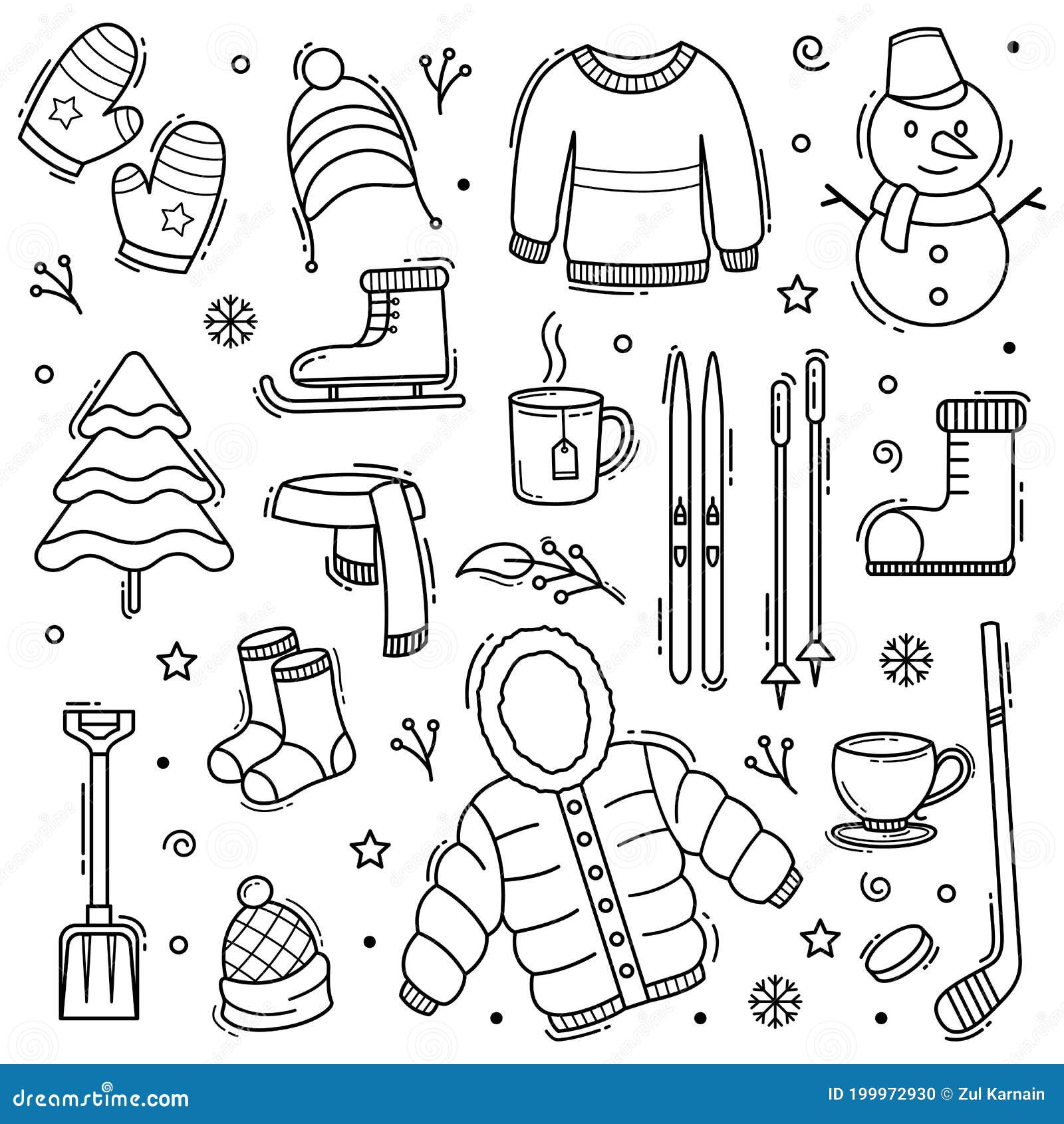 Winter Doodle Hand Drawn Objects with Line Art Style Vector ...