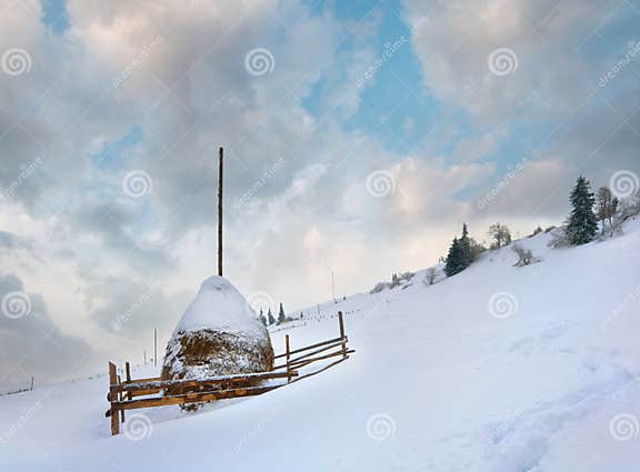 Winter Dull Country Mountain Landscape with Haystack Stock Image ...