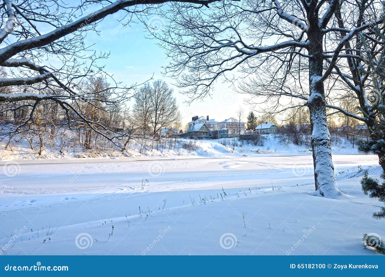 Winter evening. stock photo. Image of sunshine, sunlight - 65182100