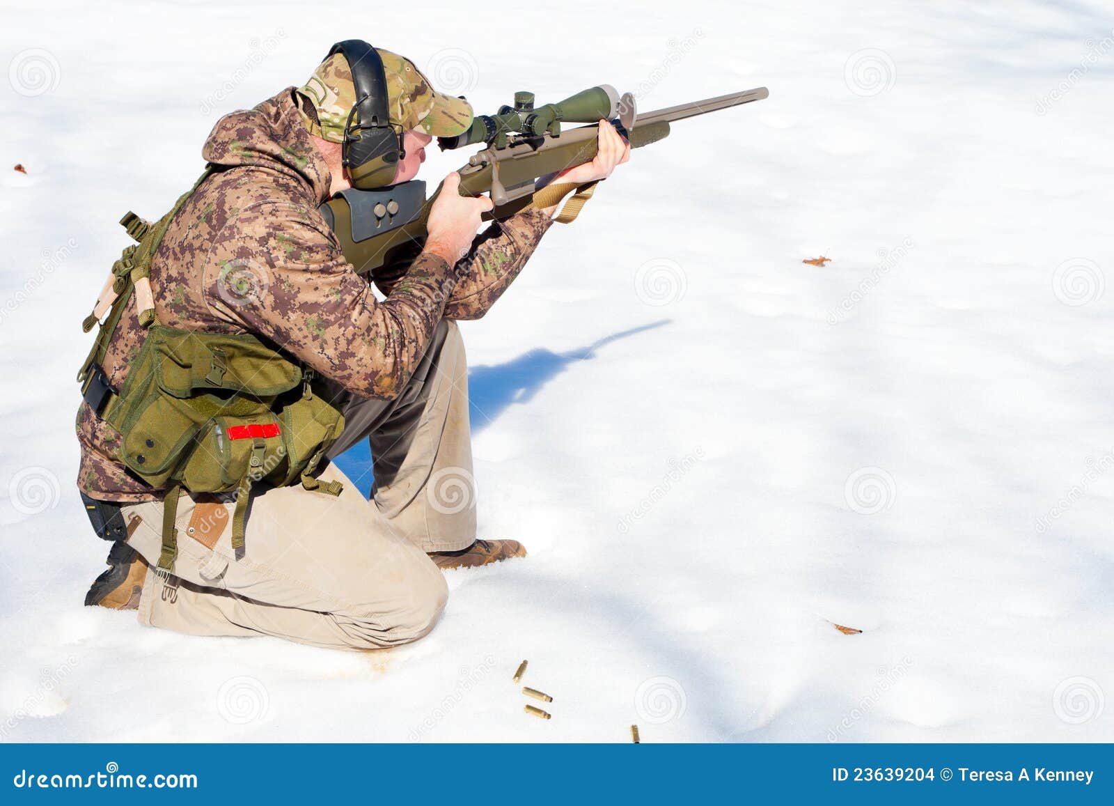 Kneeling Rifle Hunter Shooting In Sunset Stock Photography ...