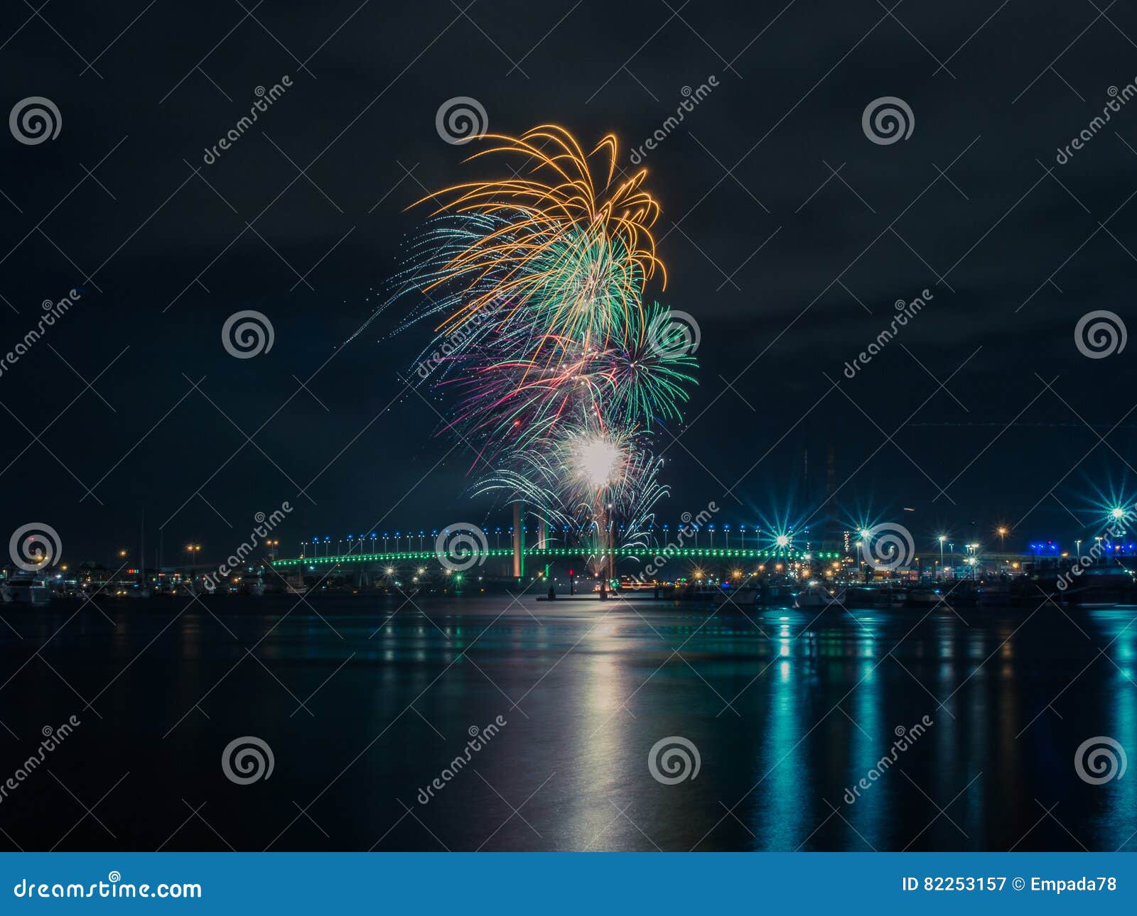 Winter Fireworks Over River Stock Image - Image of melbourne, color ...