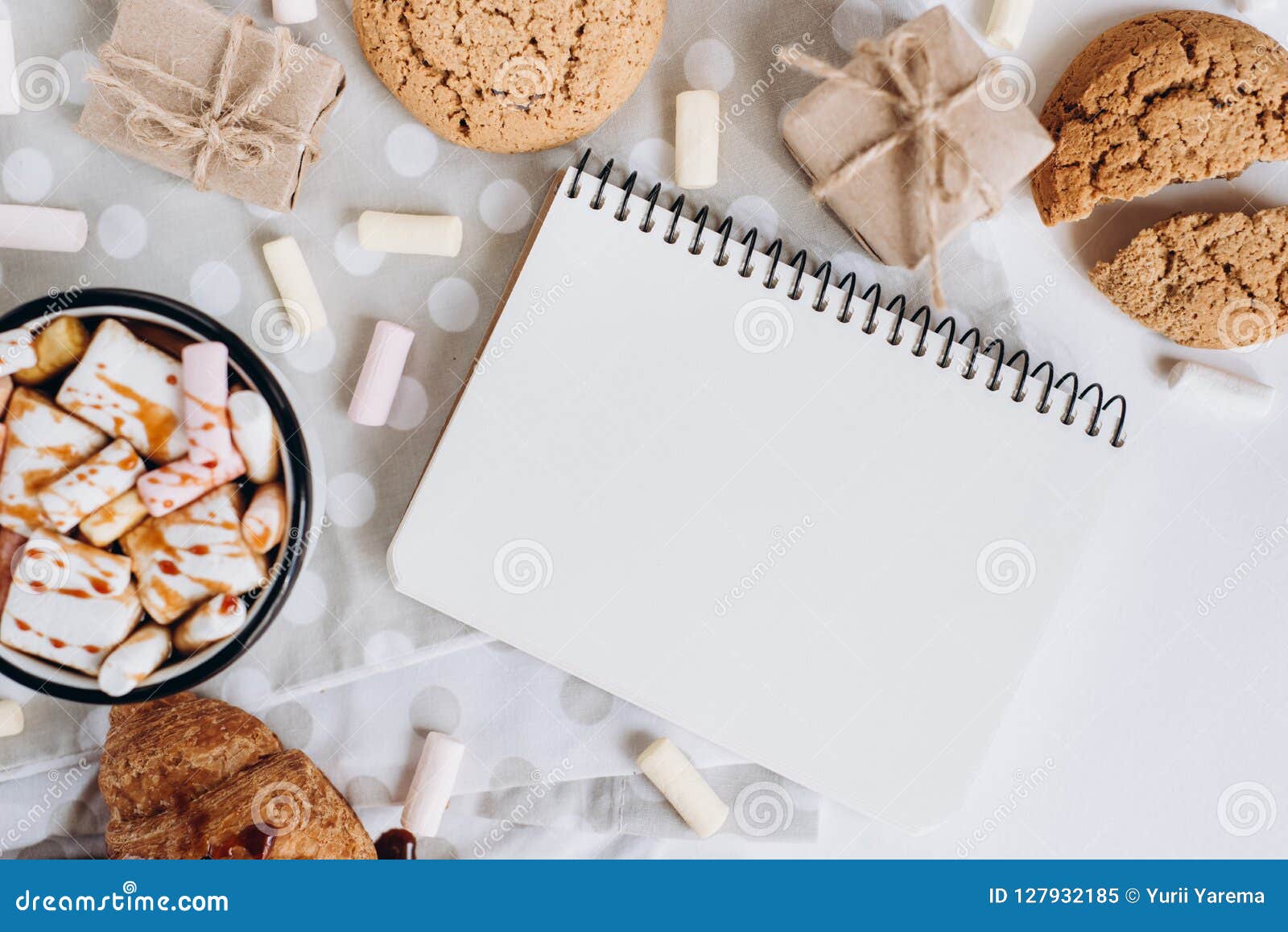 Hot Chocolate or Cocoa with Marshmallow , Cookies, Notebook with on ...