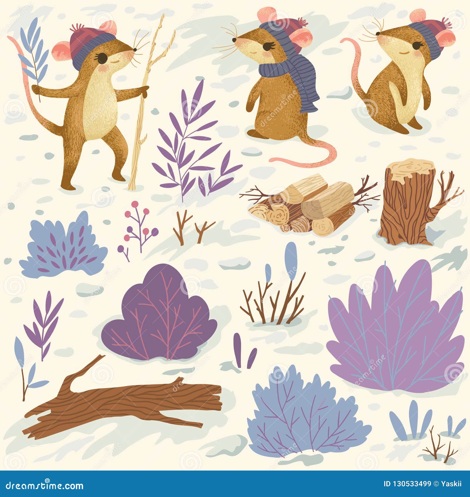 Forest Elements With Mossy Log, Mushroom And Trees Vector Set ...