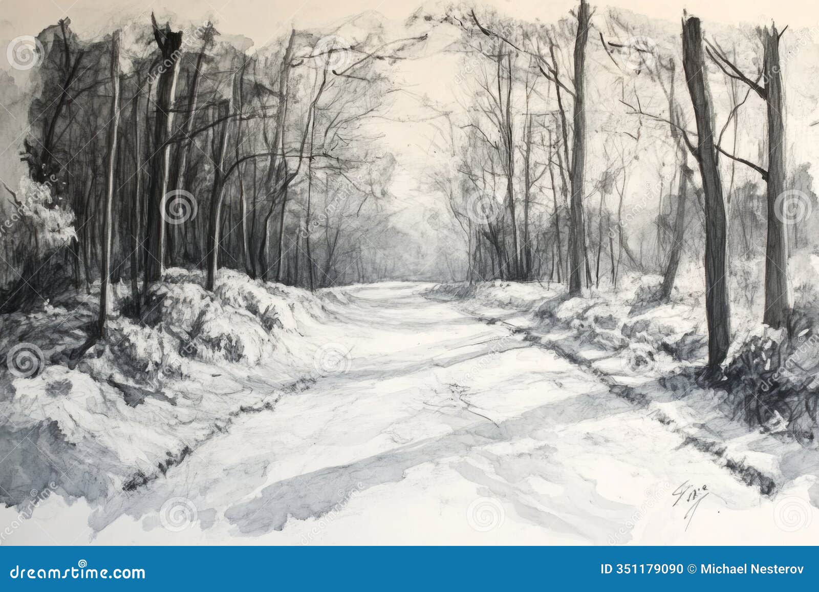 Winter Forest Road Covered in Snow in a Pencil Drawing Illustration ...