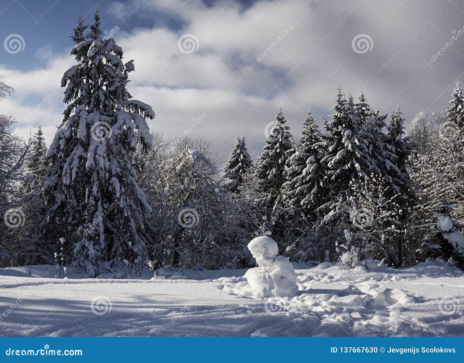 Winter Forest with Sitting Snowman Stock Photo - Image of snowman, wood ...