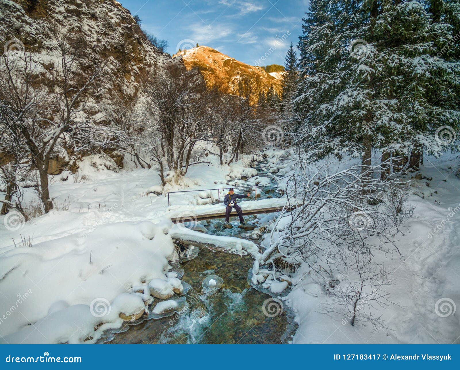 Winter Forest Snow River Flow Landscape. Forest River Flow in Winter ...