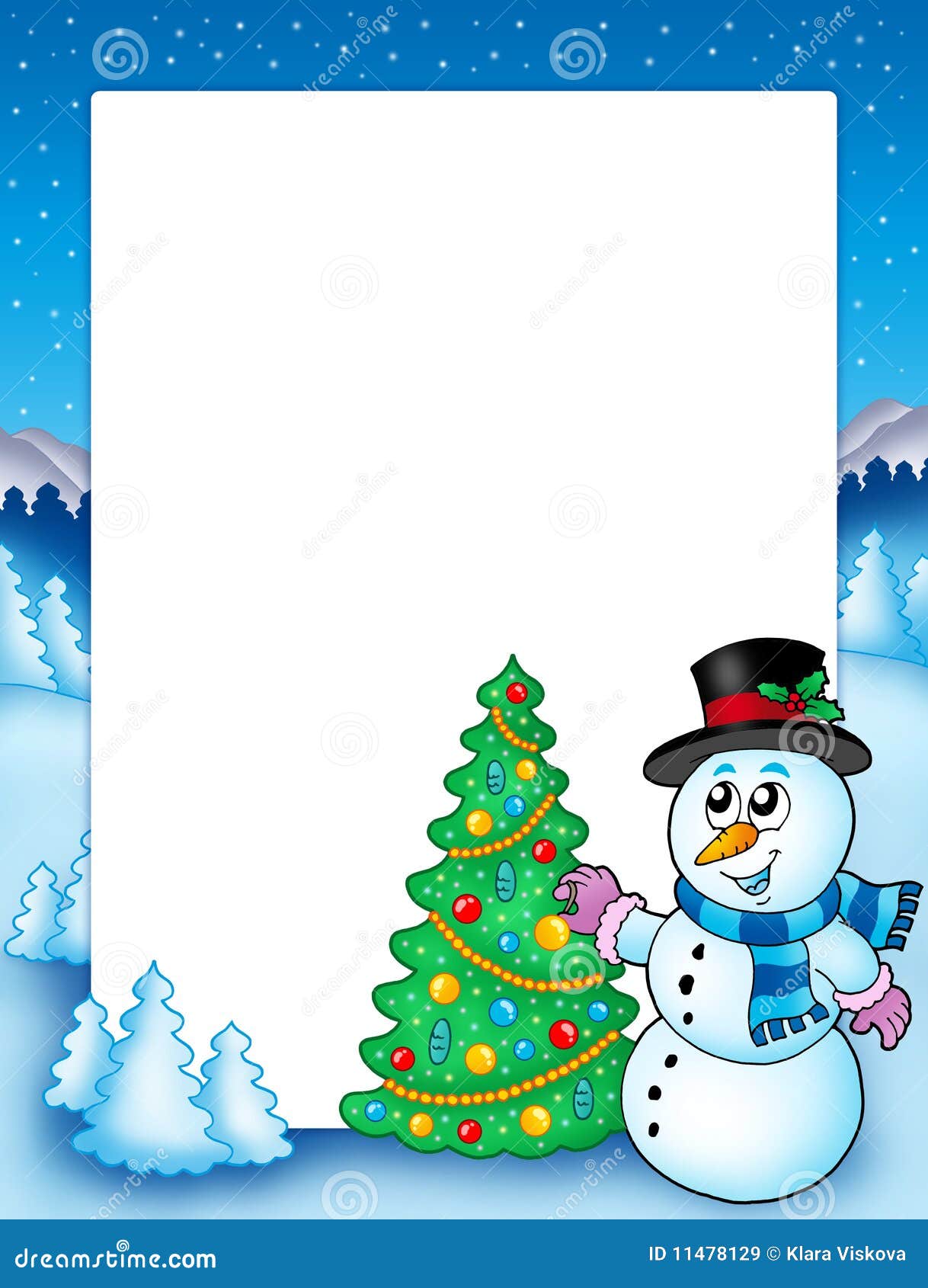 Winter Frame with Snowman and Tree Stock Illustration - Illustration of ...