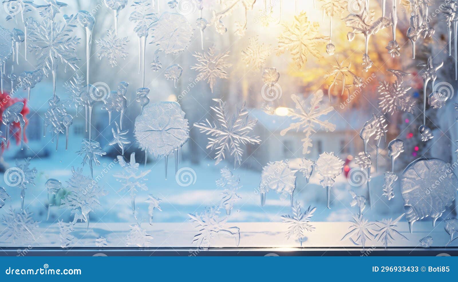 Winter Frost on Glass with Small Decorations on or Behind the Window ...