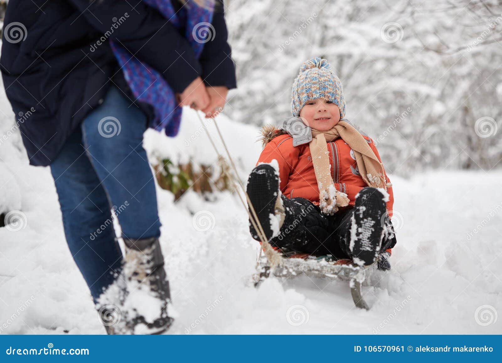 Winter Fun. the Boy is Riding a Sled. Stock Image - Image of christmas ...