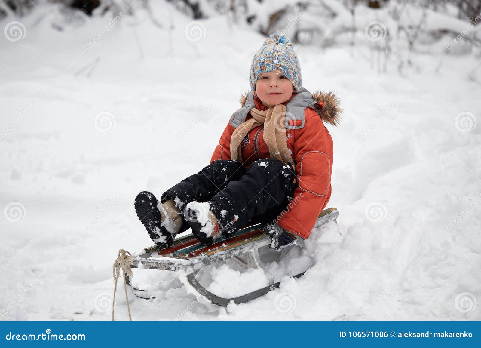 Winter Fun. the Boy is Riding a Sled. Stock Photo - Image of christmas ...