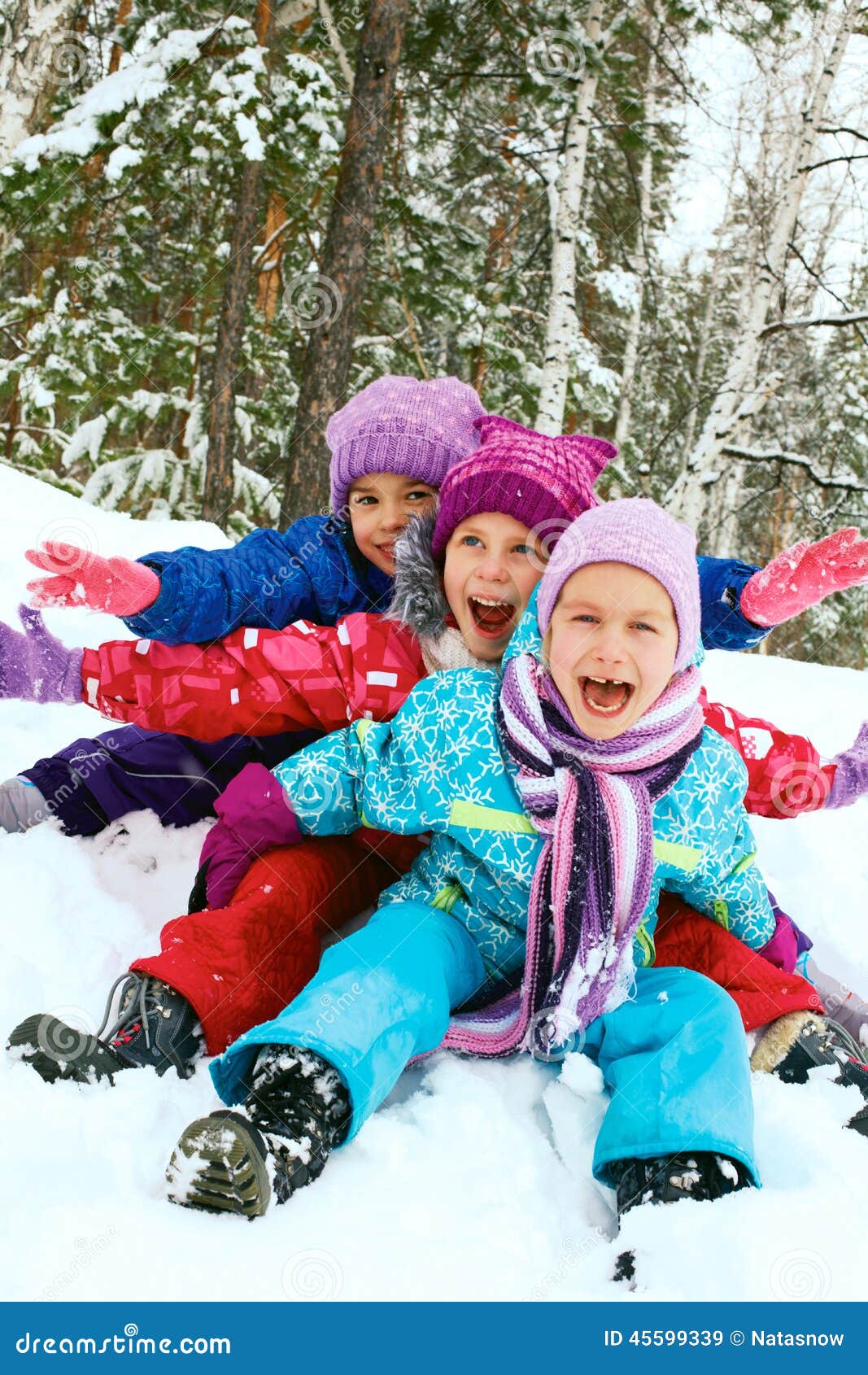 Winter Fun, Happy Children Sledding at Winter Time Stock Image - Image ...