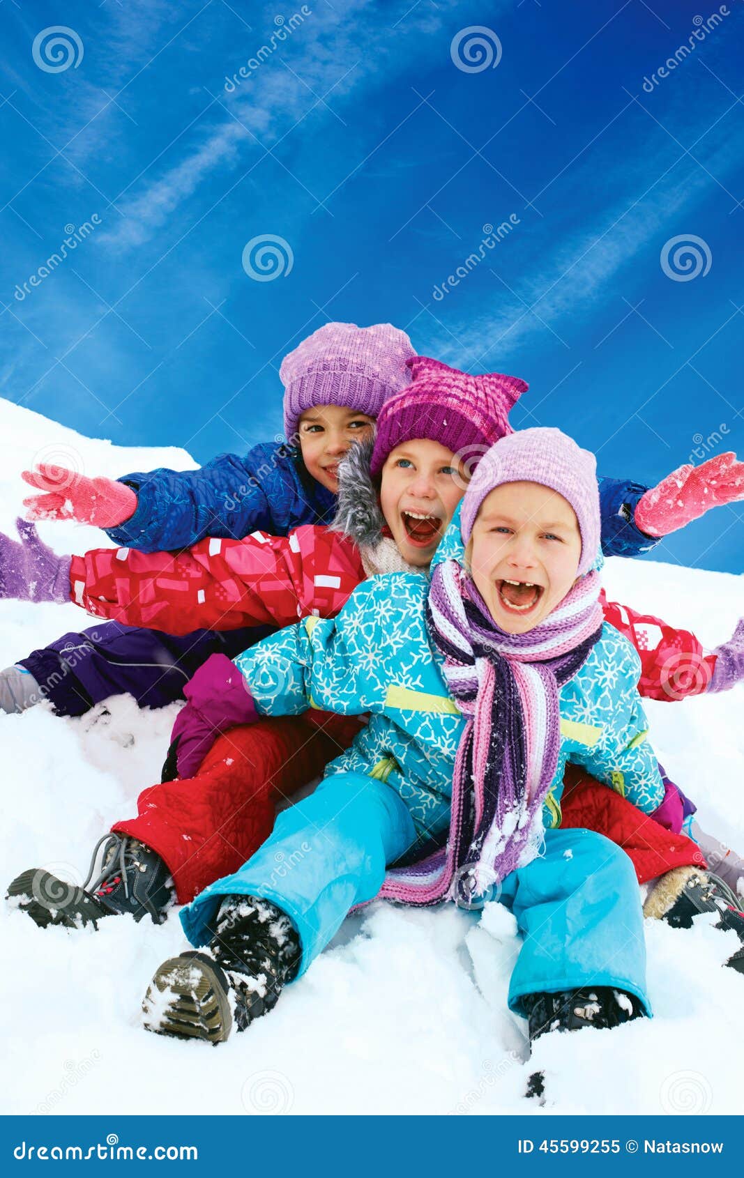 Winter Fun, Snow, Children Sledding at Winter Time Stock Image - Image ...