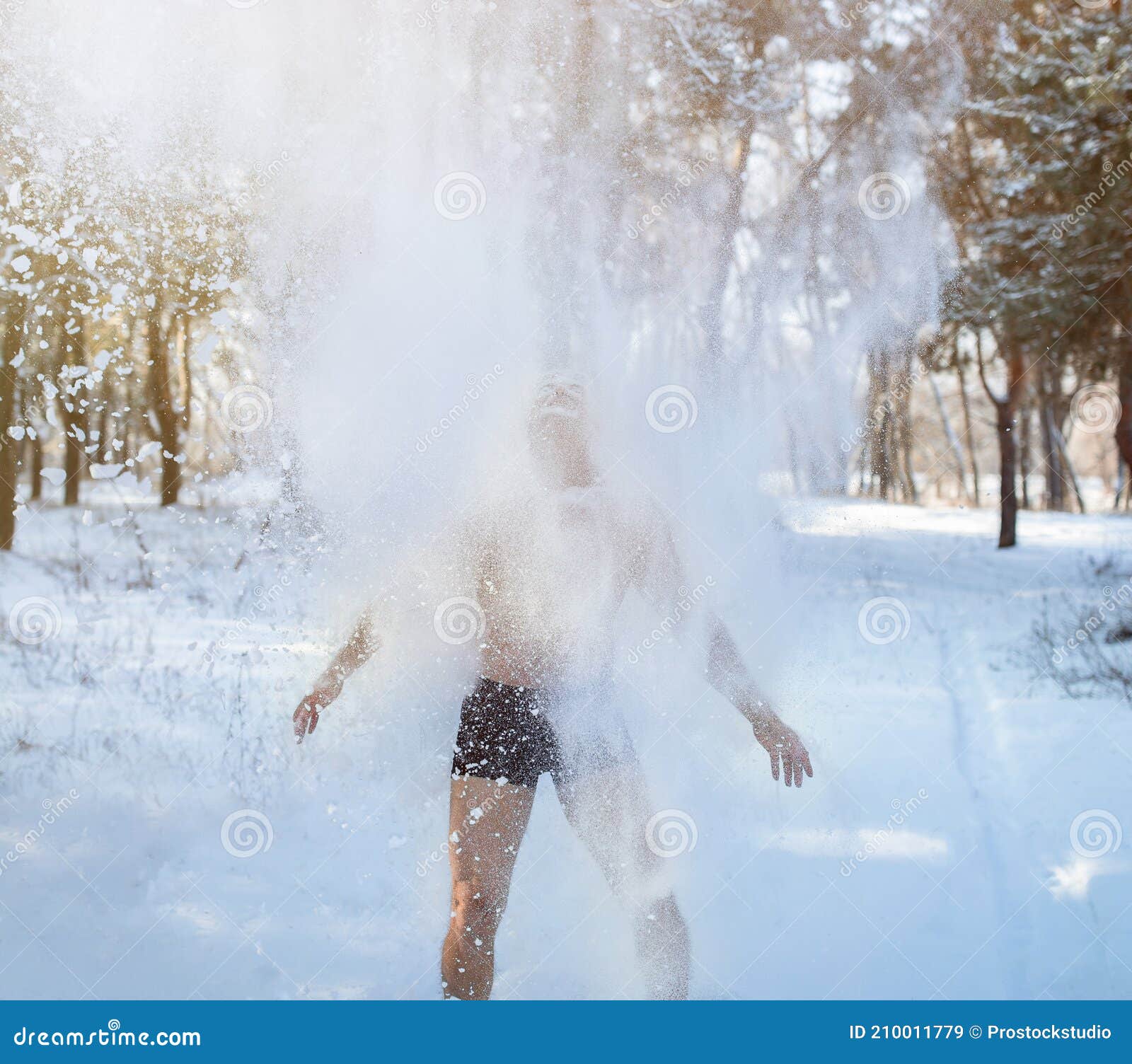 Winter Fun and Tempering Procedures. Senior Guy Throwing Snow on ...