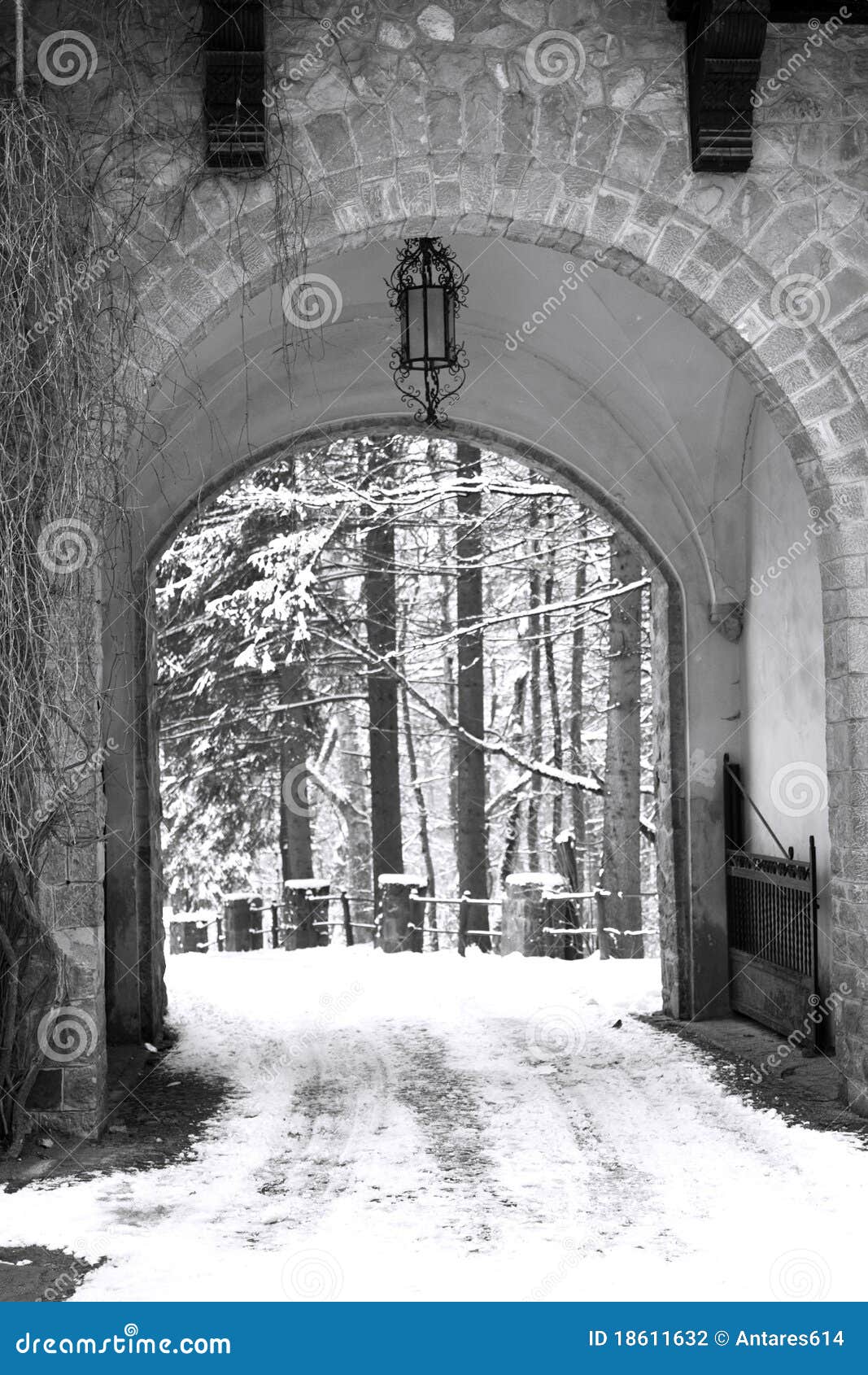 Winter gate stock photo. Image of wall, brick, lamp, pass - 18611632