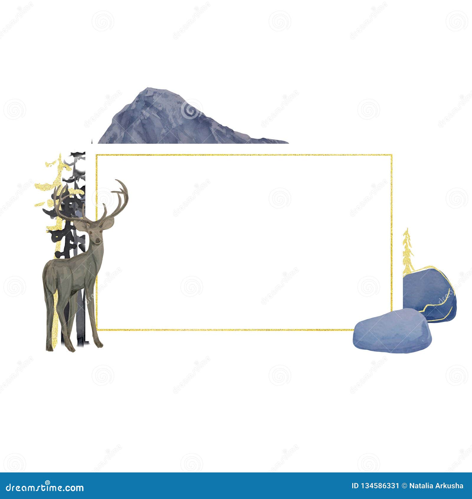 Winter Geometric Gold Frame with Deer in Forest Stock Illustration ...