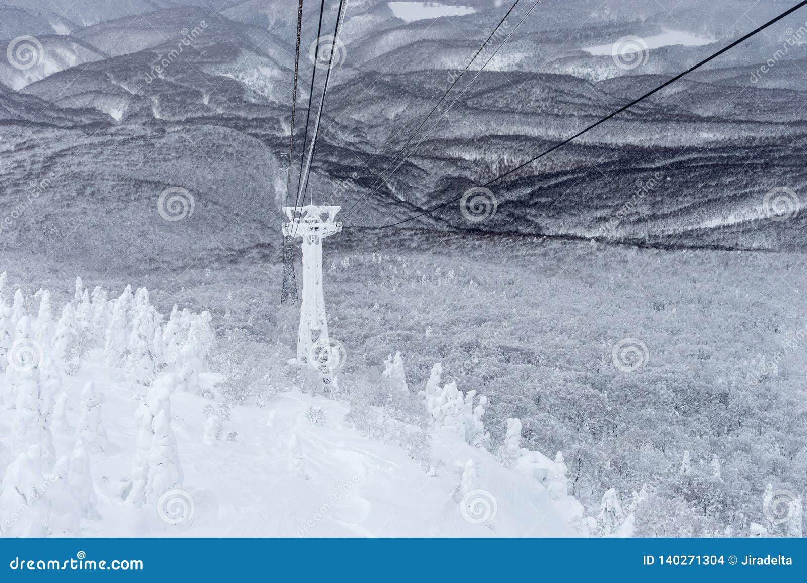Winter of Hakkoda Ropeway Cable Tower in Snow Stock Photo - Image of ...