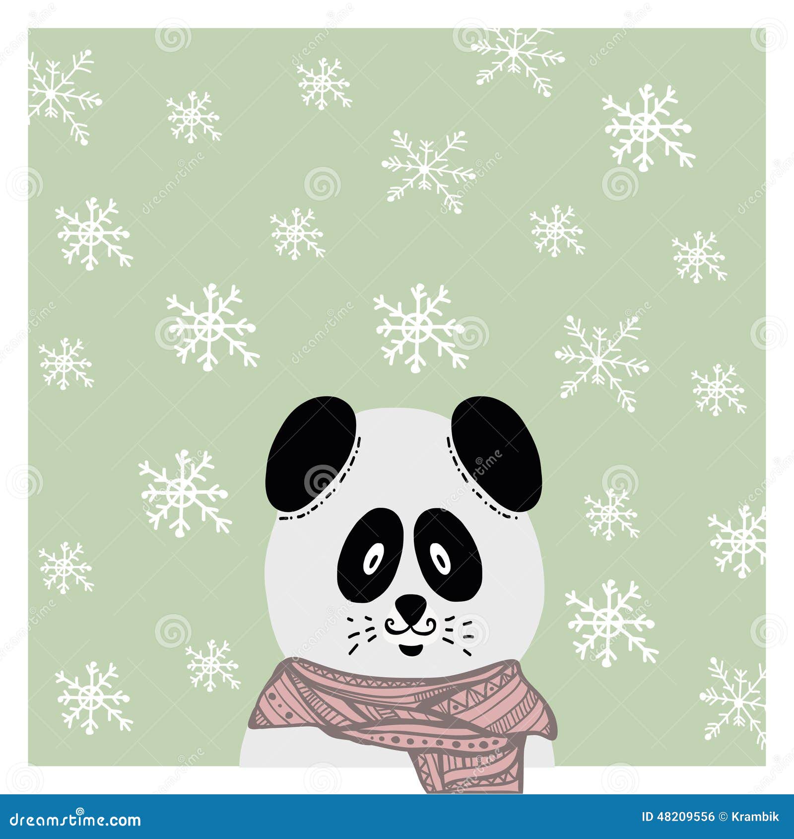 Winter Hand Drawn Panda in Scarf. Snowflake Stock Vector - Illustration ...