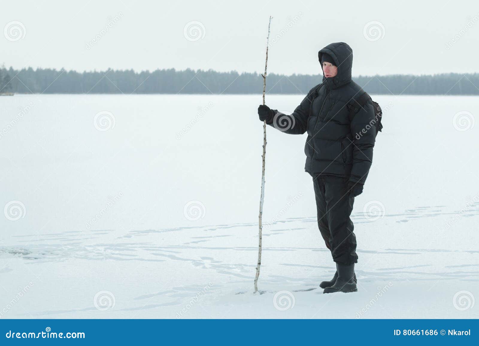 Winter Hiker with Birch Walking Stick Exploring Snowy Frosty Plain ...