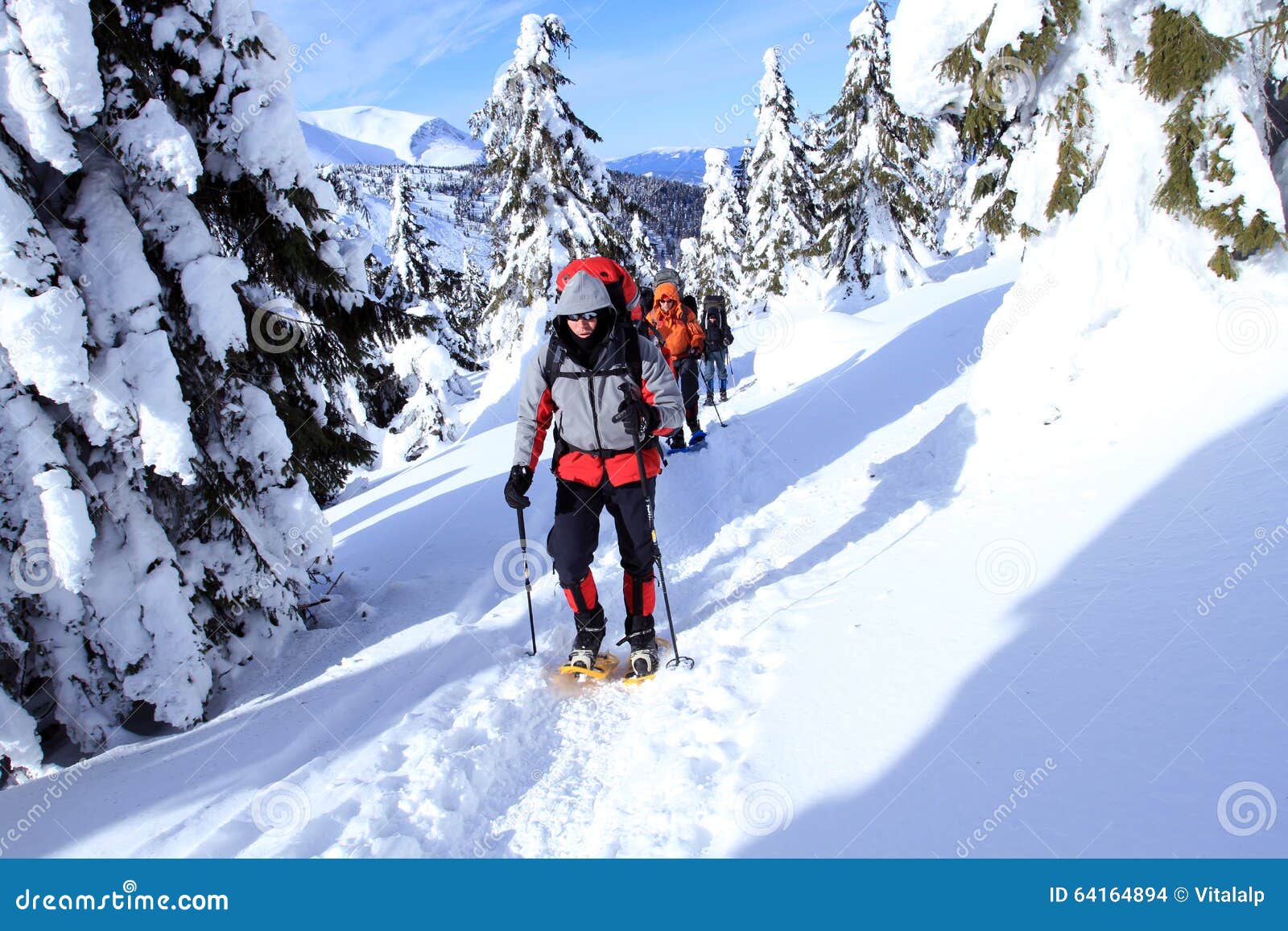 Winter Hiking in the Mountains on Snowshoes with a Backpack and Tent ...