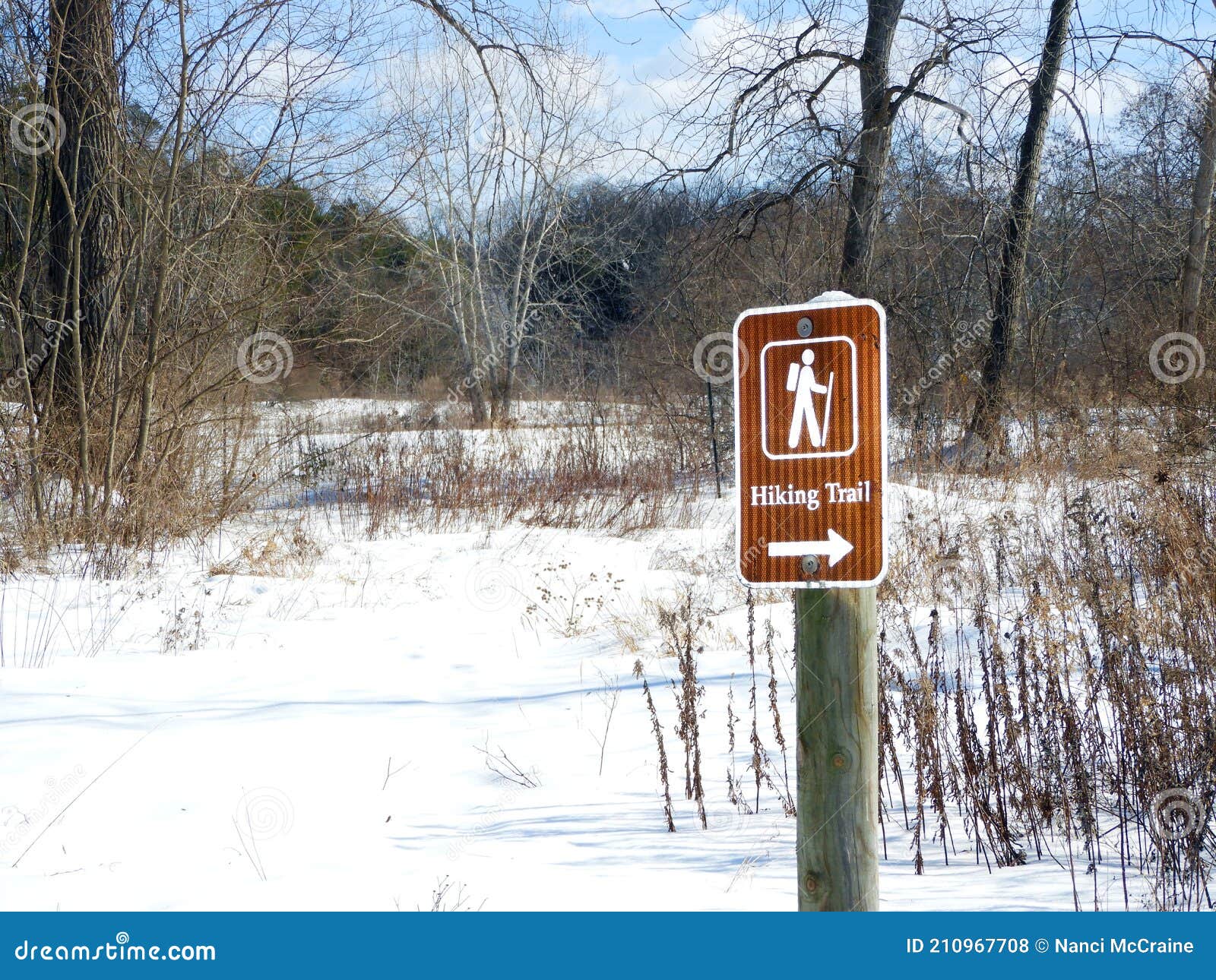 Hiking Sign on Snow Covered Trail in FingerLakes NYS Stock Photo ...
