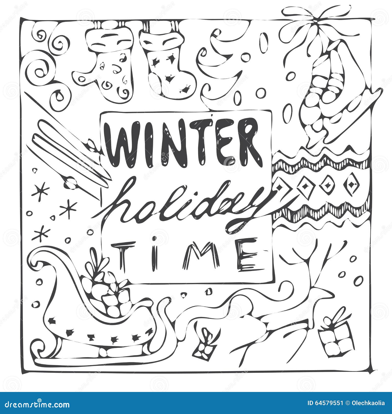 Winter Holiday Time Handdrawn Black and White Card Stock Vector ...