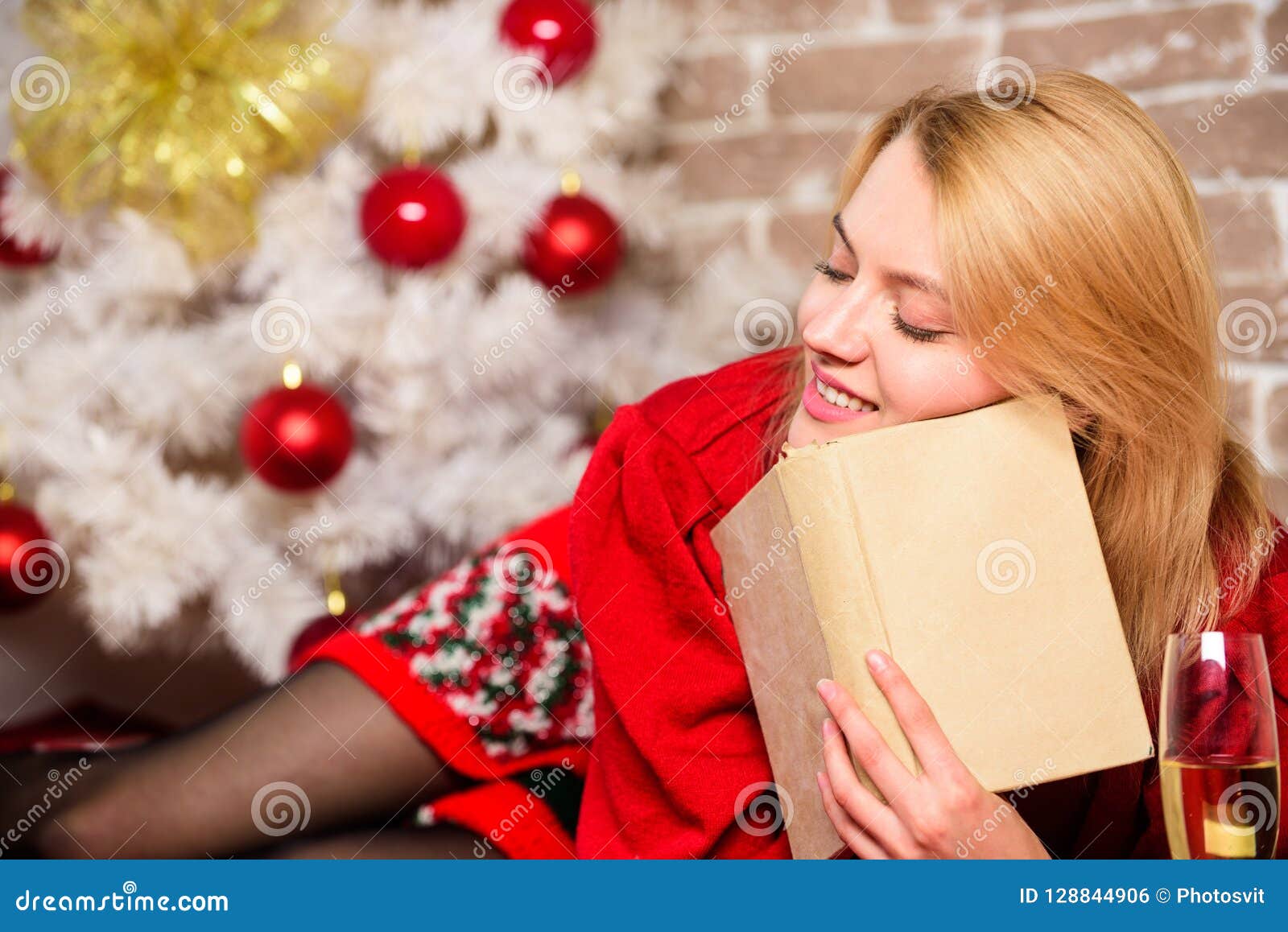Winter Holidays Concept Waiting For Christmas Girl Wear Red Dress Sit