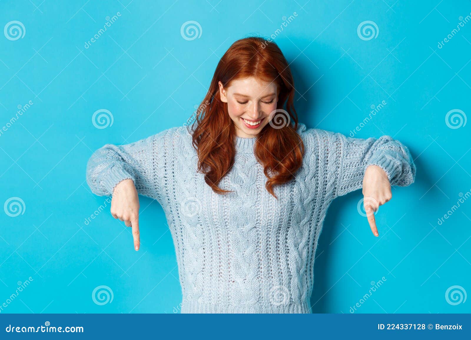 Winter Holidays And People Concept Cheerful Redhead Girl In Sweater