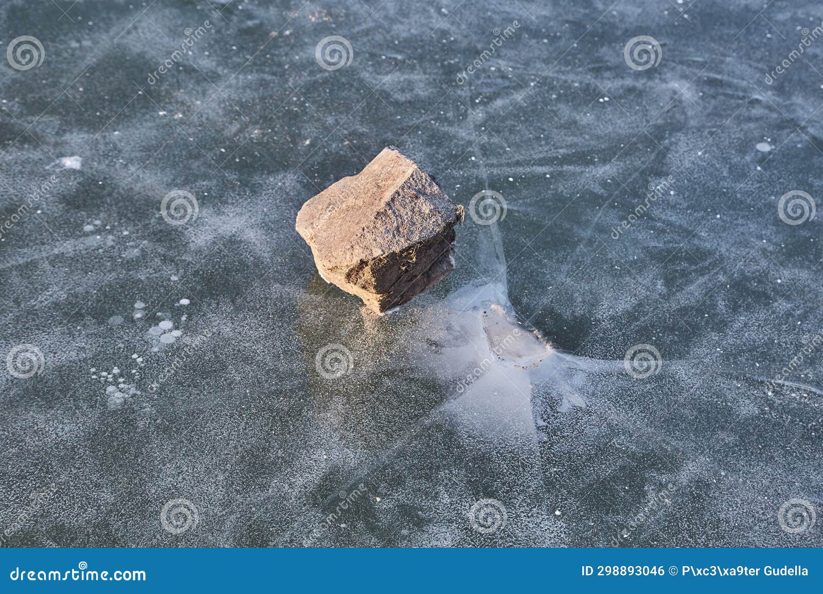 Winter Ice with Cracks Under Stone Throw Stock Photo - Image of danger ...