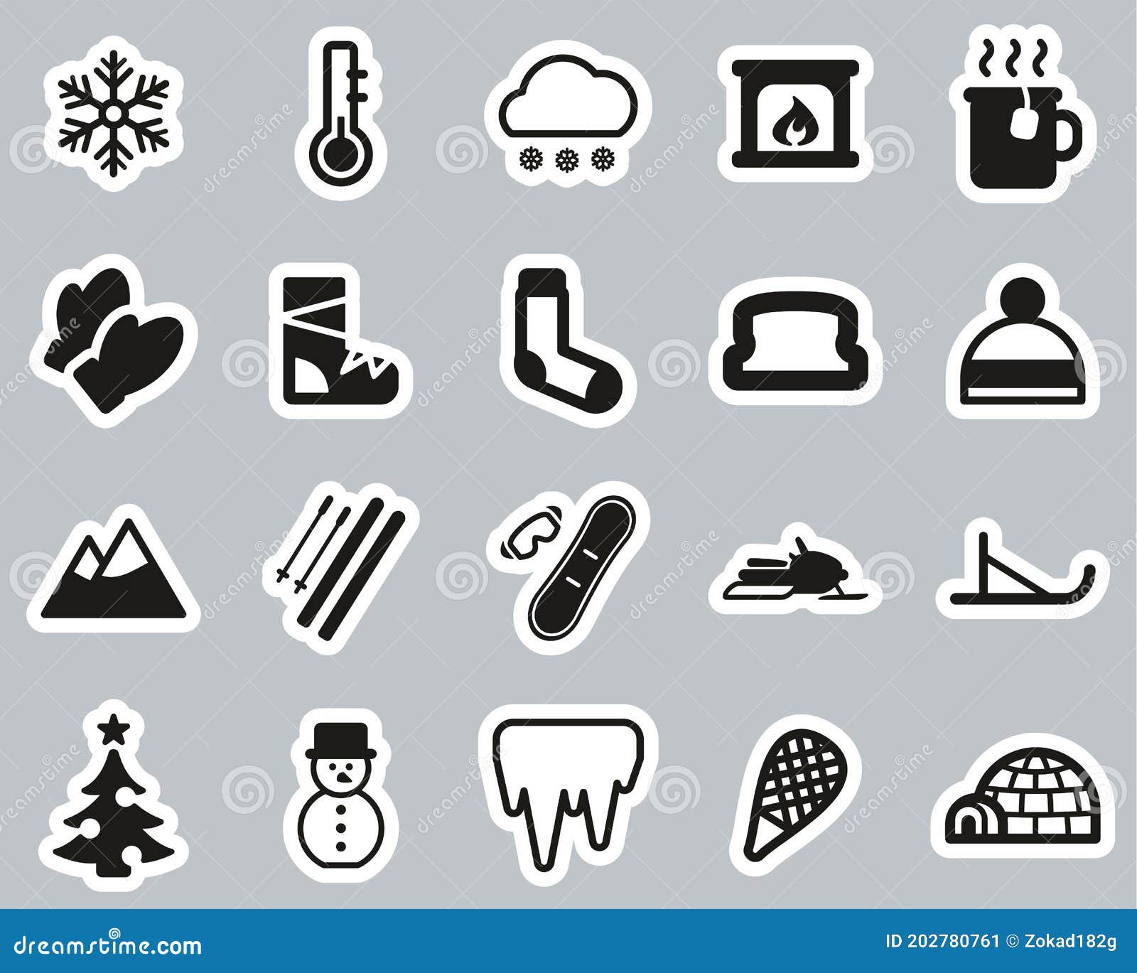 Winter Icons Black & White Sticker Set Big Stock Vector - Illustration ...
