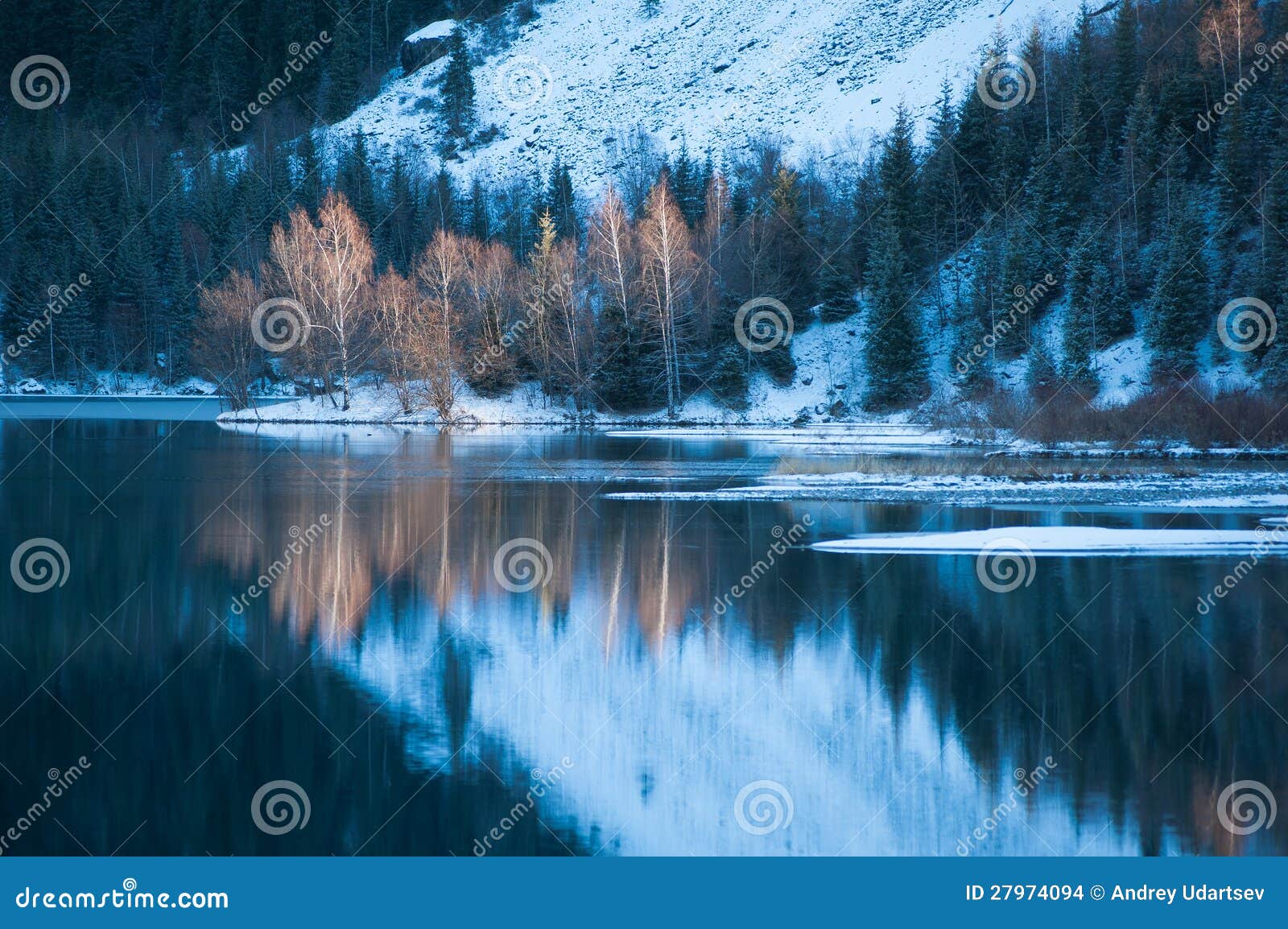 Winter Lake Scene with Beautiful Reflection Stock Photo - Image of ...