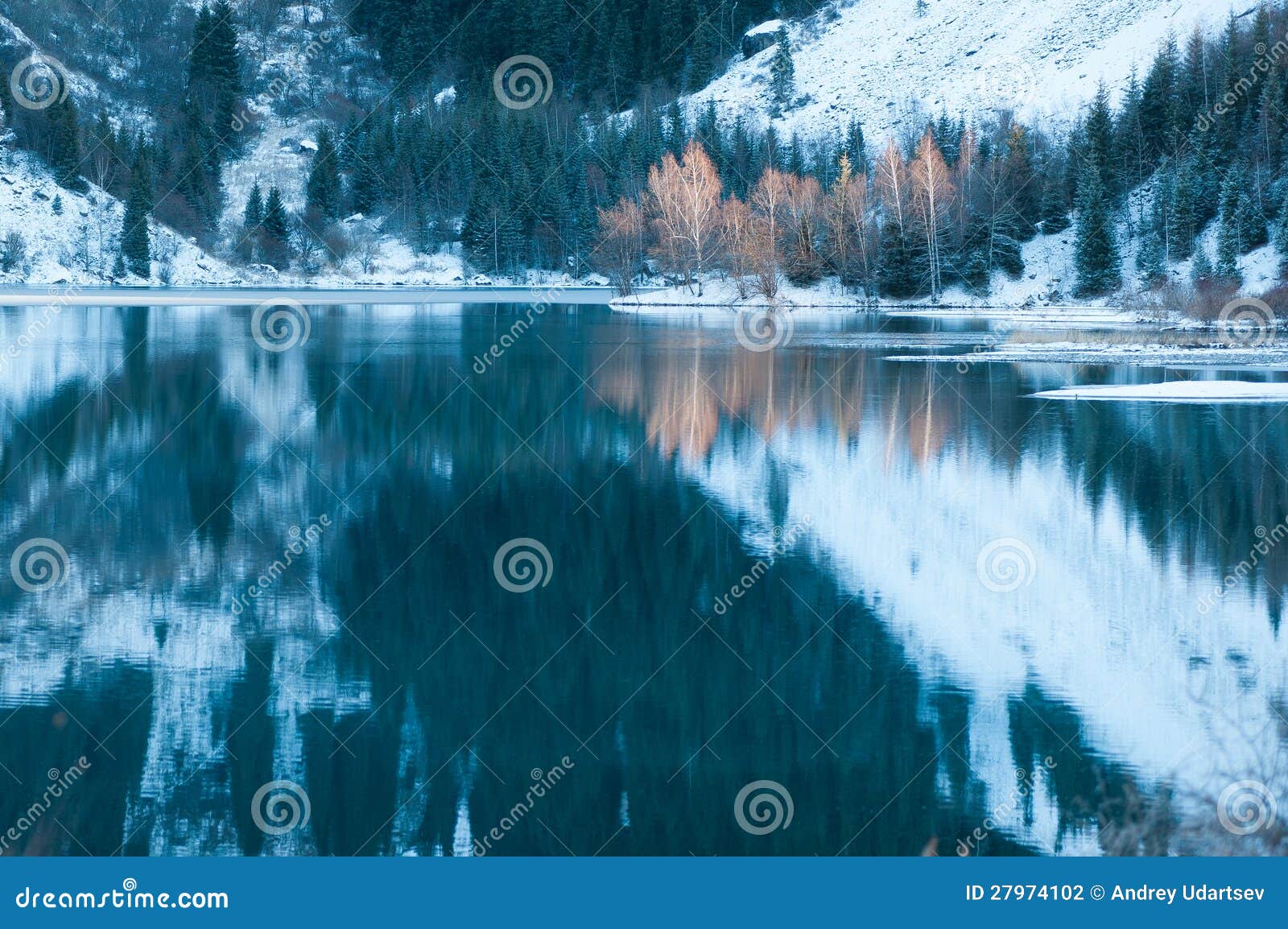 Winter Lake Scene with Beautiful Reflection Stock Photo - Image of ...