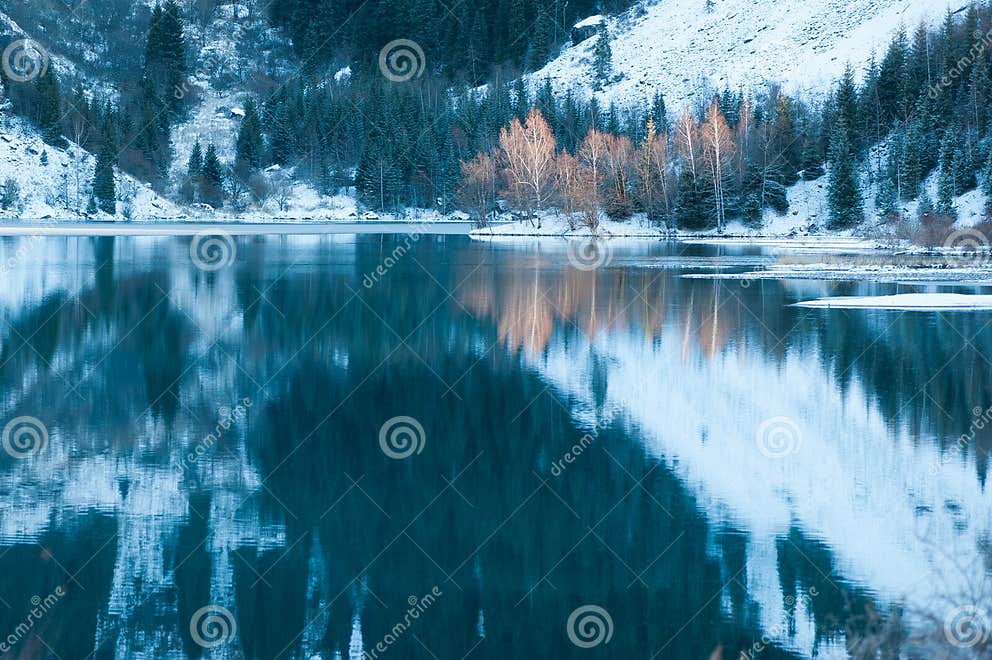 Winter Lake Scene with Beautiful Reflection Stock Photo - Image of ...