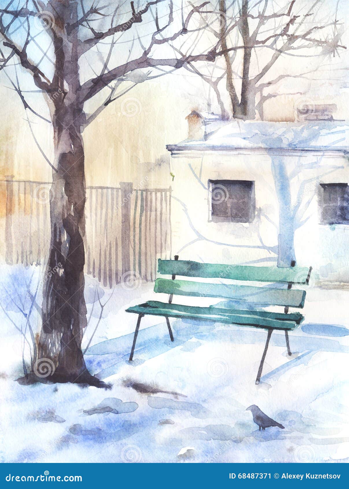 Winter Landscape with a Bench Stock Illustration - Illustration of ...